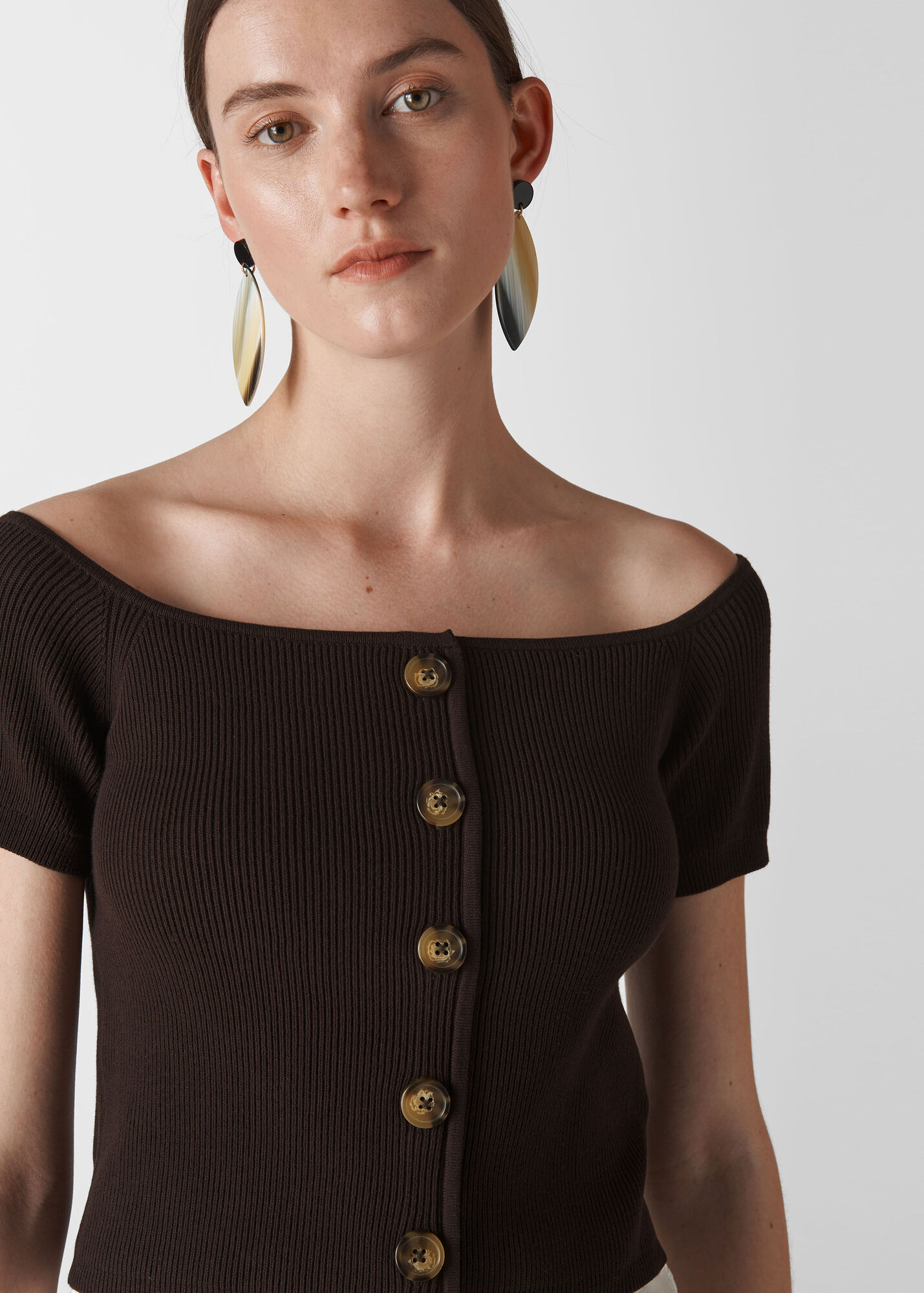 Brown Button Front Rib Knit | WHISTLES | Whistles UK