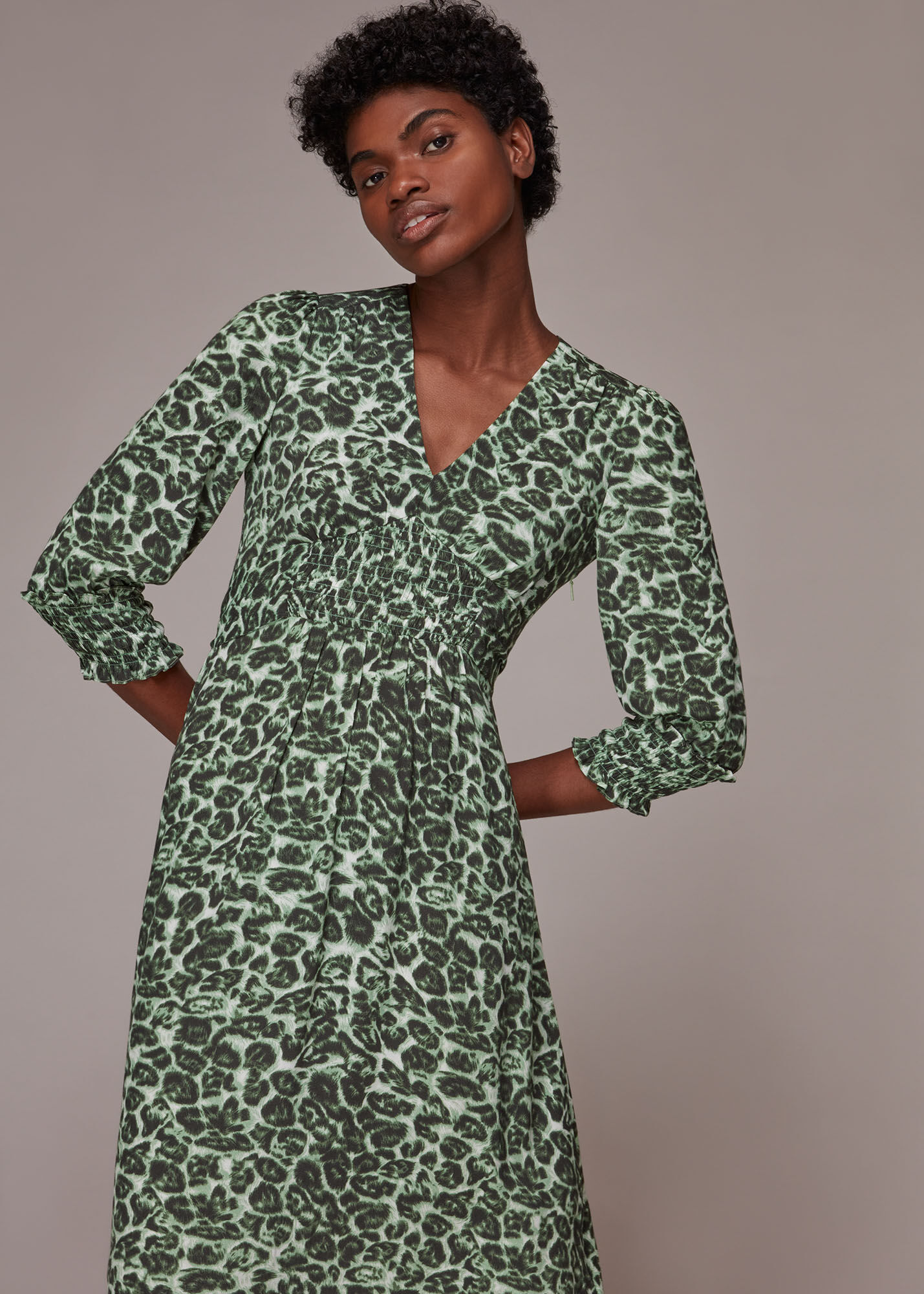 Green/Multi Clouded Leopard Shirred Dress | WHISTLES | Whistles UK