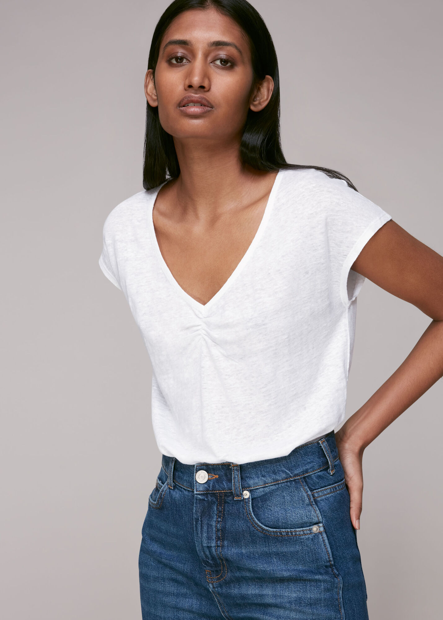 White Ruched V-Neck Linen T-Shirt | WHISTLES | Whistles UK