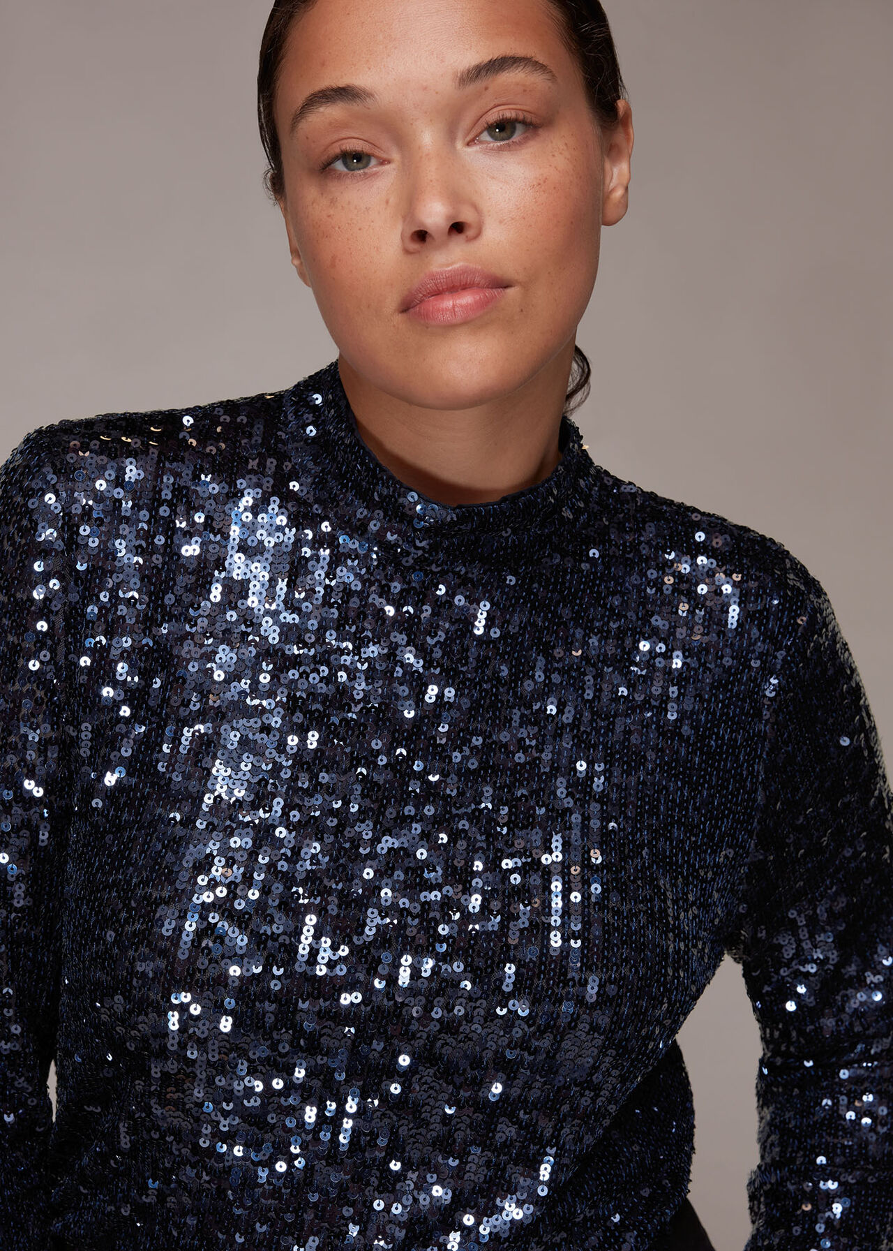 Navy High Neck Sequin Top | WHISTLES | Whistles US