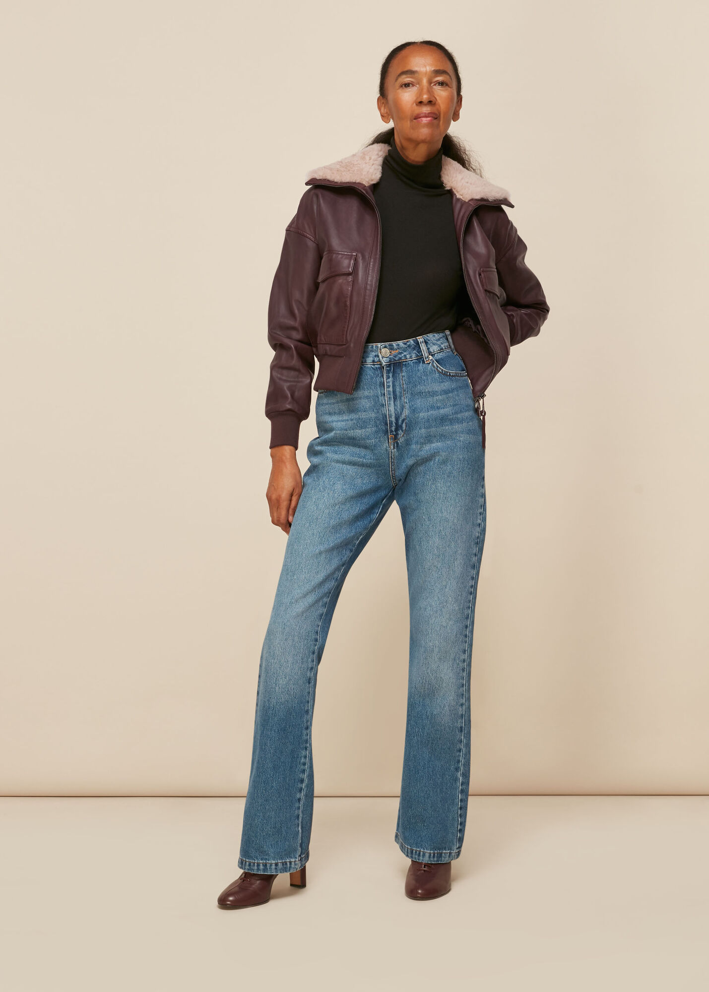 Burgundy Shearling Collar Bomber Jacket | WHISTLES | Whistles UK