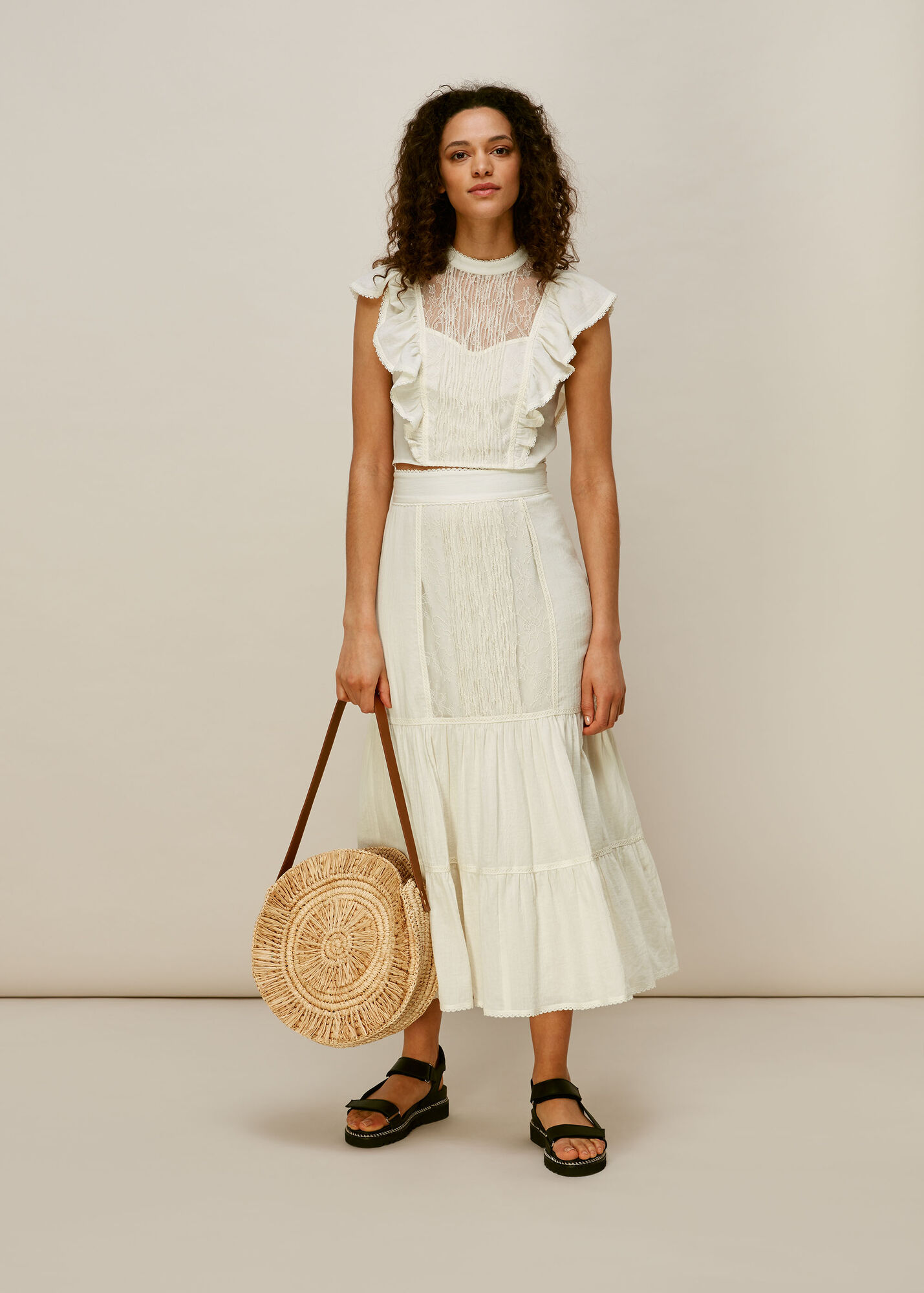Ivory Mixed Lace Frill Skirt | WHISTLES | Whistles UK