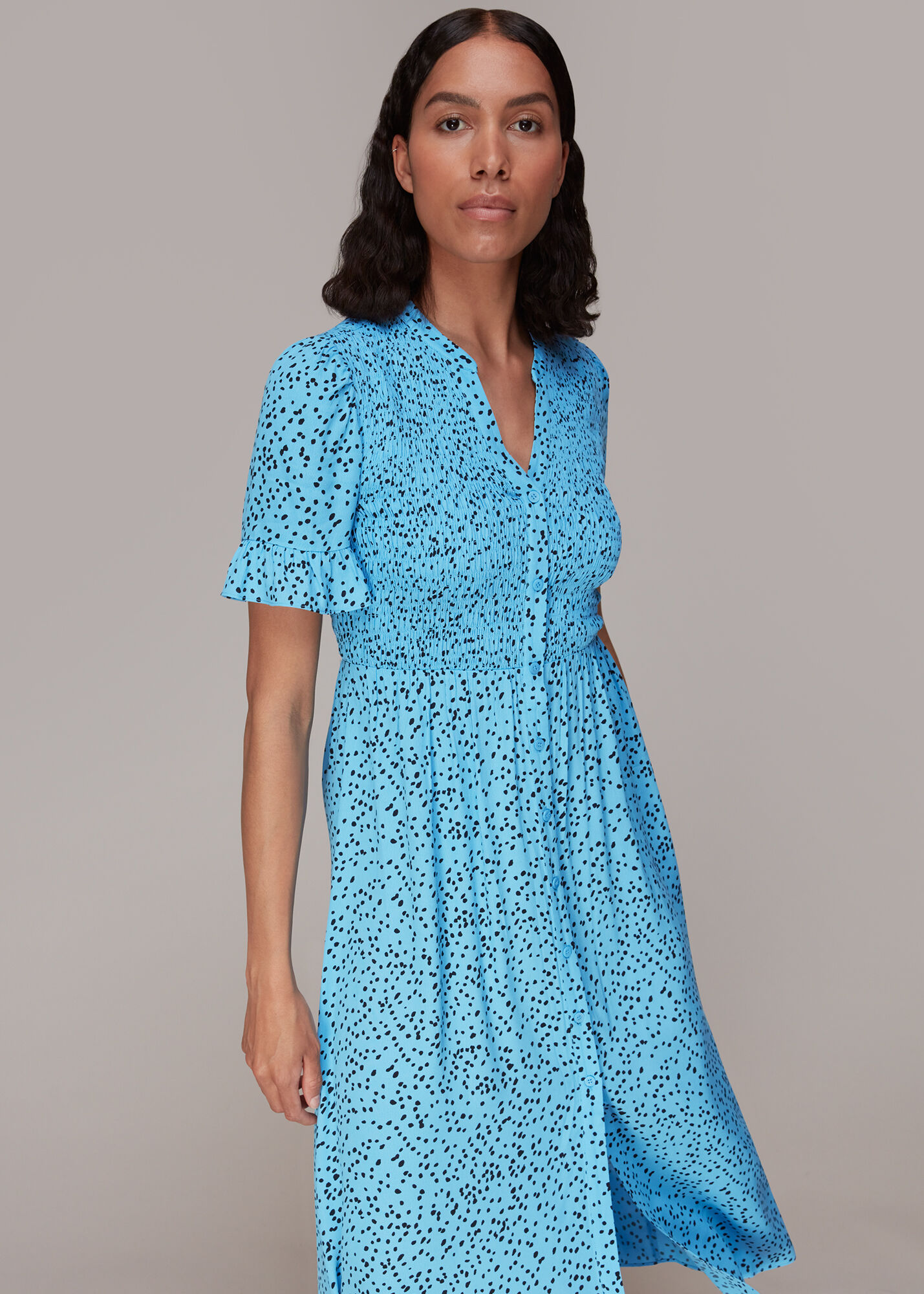 Blue/Multi Spotted Dot Shirred Midi Dress | WHISTLES | Whistles UK