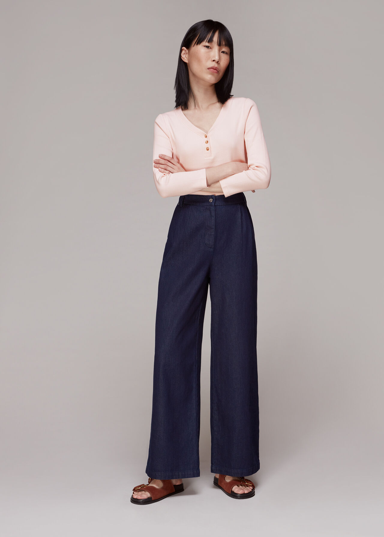 Pale Pink Paiton Ribbed Button Front Top | WHISTLES