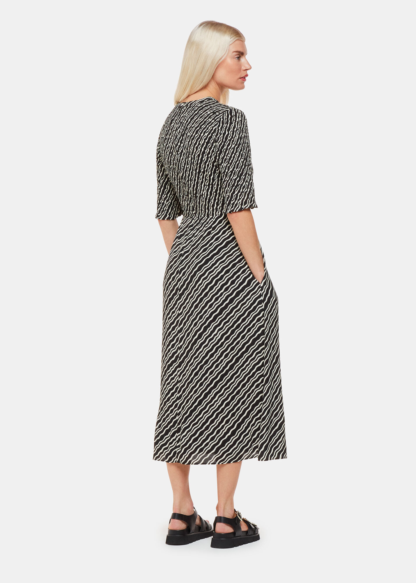 Black/Multi Diagonal Ripple Shirred Dress | WHISTLES | Whistles US