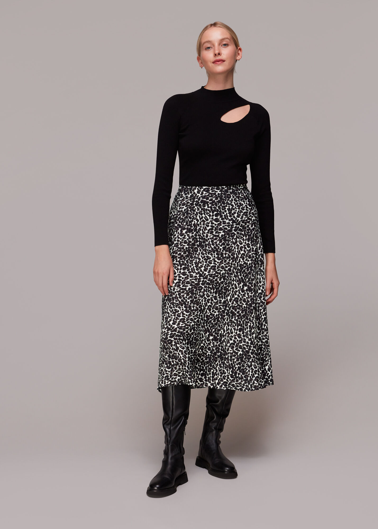 Black/Multi Shadow Leopard Bias Cut Skirt | WHISTLES | Whistles UK