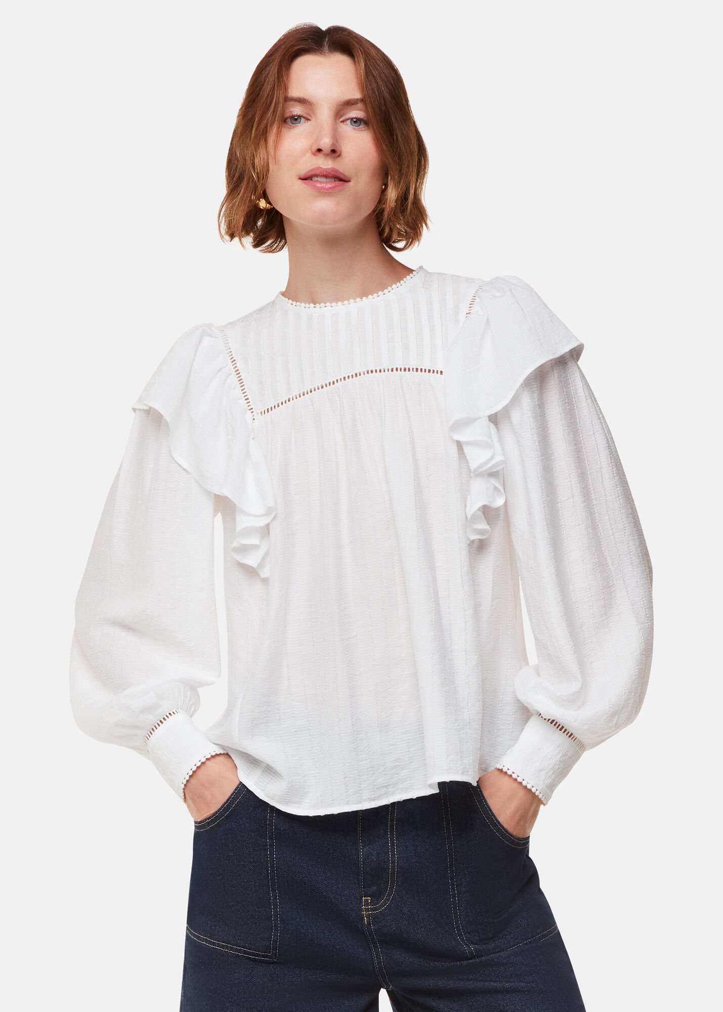 White Johanna Textured Frill Blouse | WHISTLES | Whistles AU