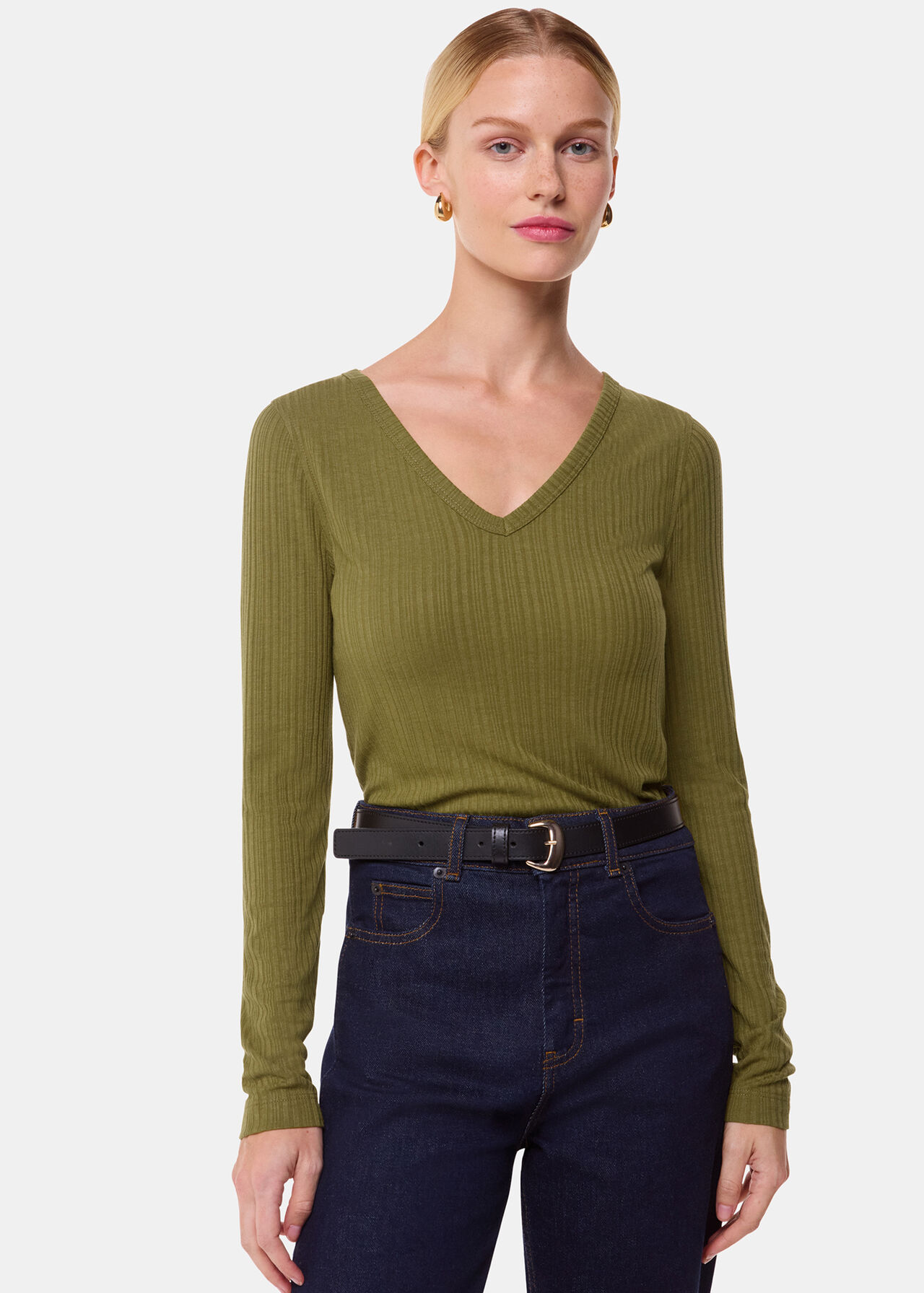 Olive Diagonal Rib V Neck Top | WHISTLES | Whistles UK