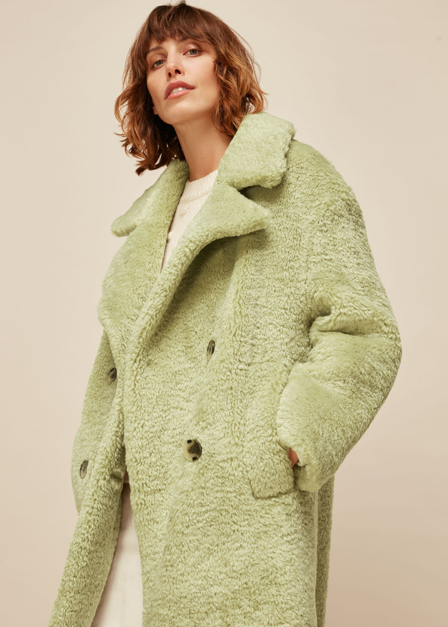 Pale Green Teddy Double Breasted Coat | WHISTLES