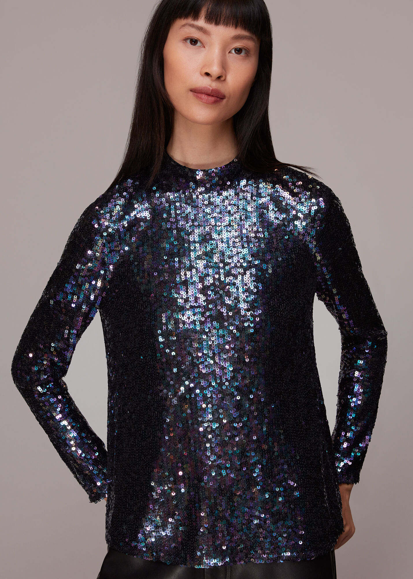 Black/Multi High Neck Sequin Top | WHISTLES