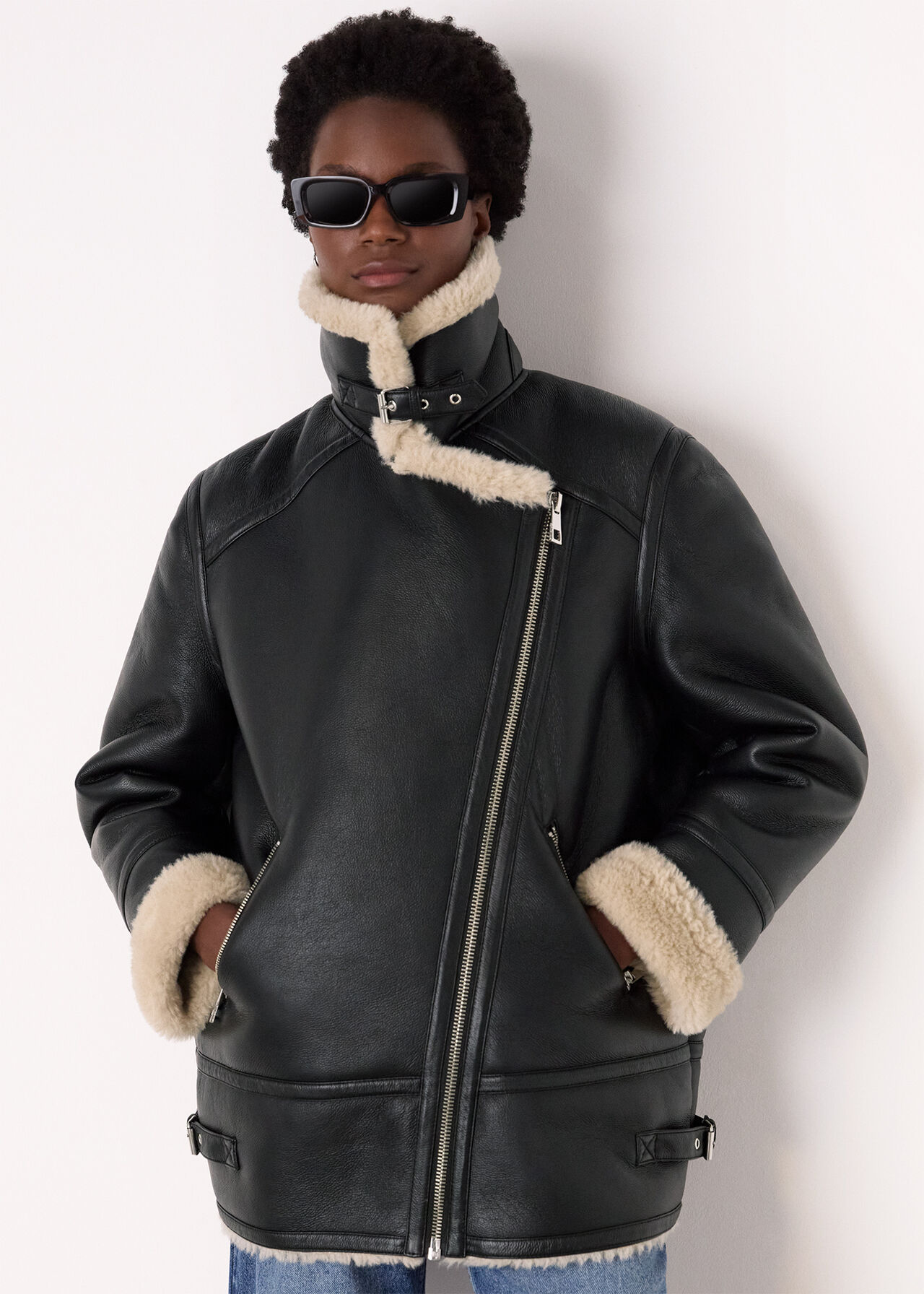 Women's Black Faux Fur Aviator Jacket | Whistles UK