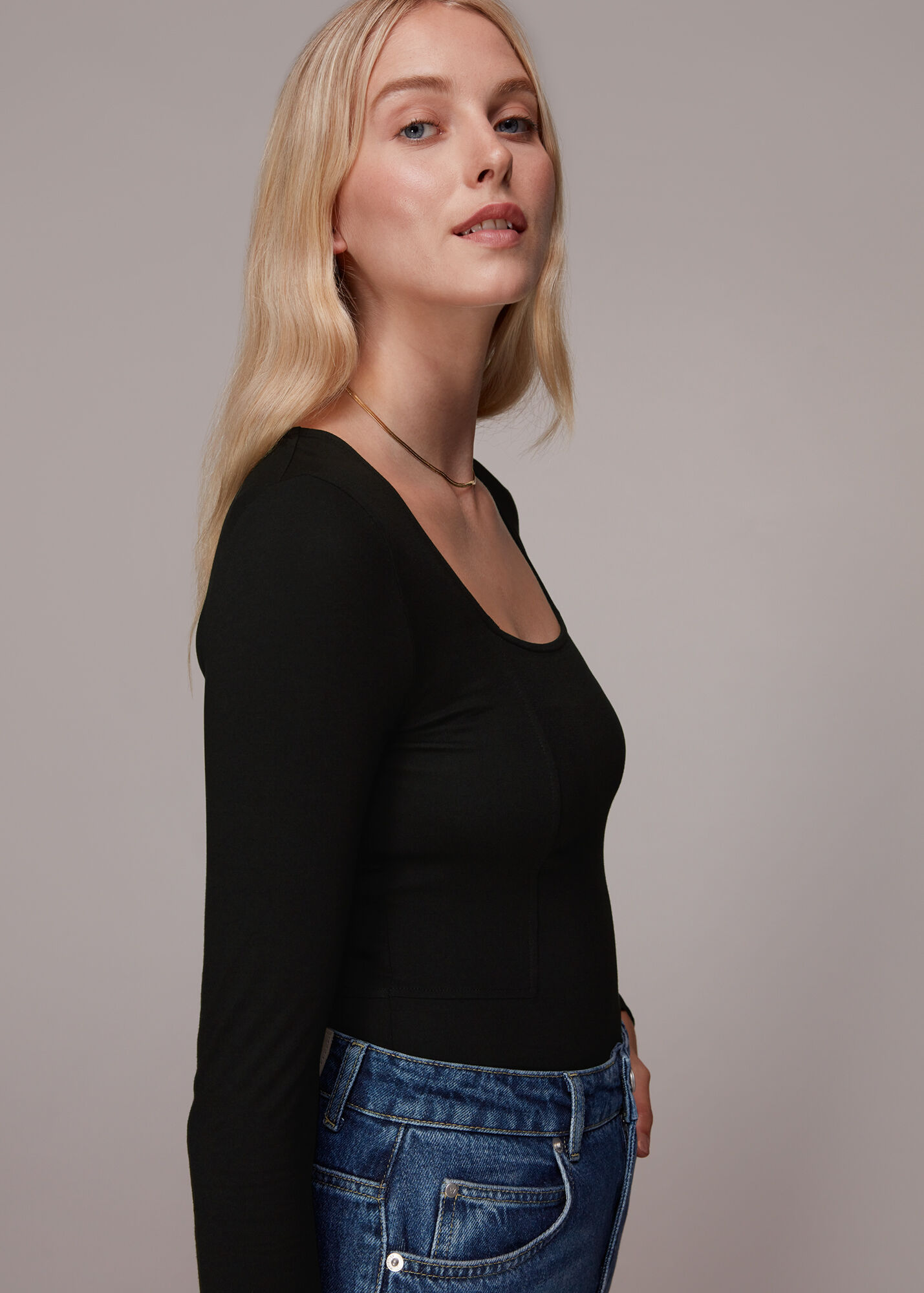 Black Square Neck Long Sleeve Top Whistles