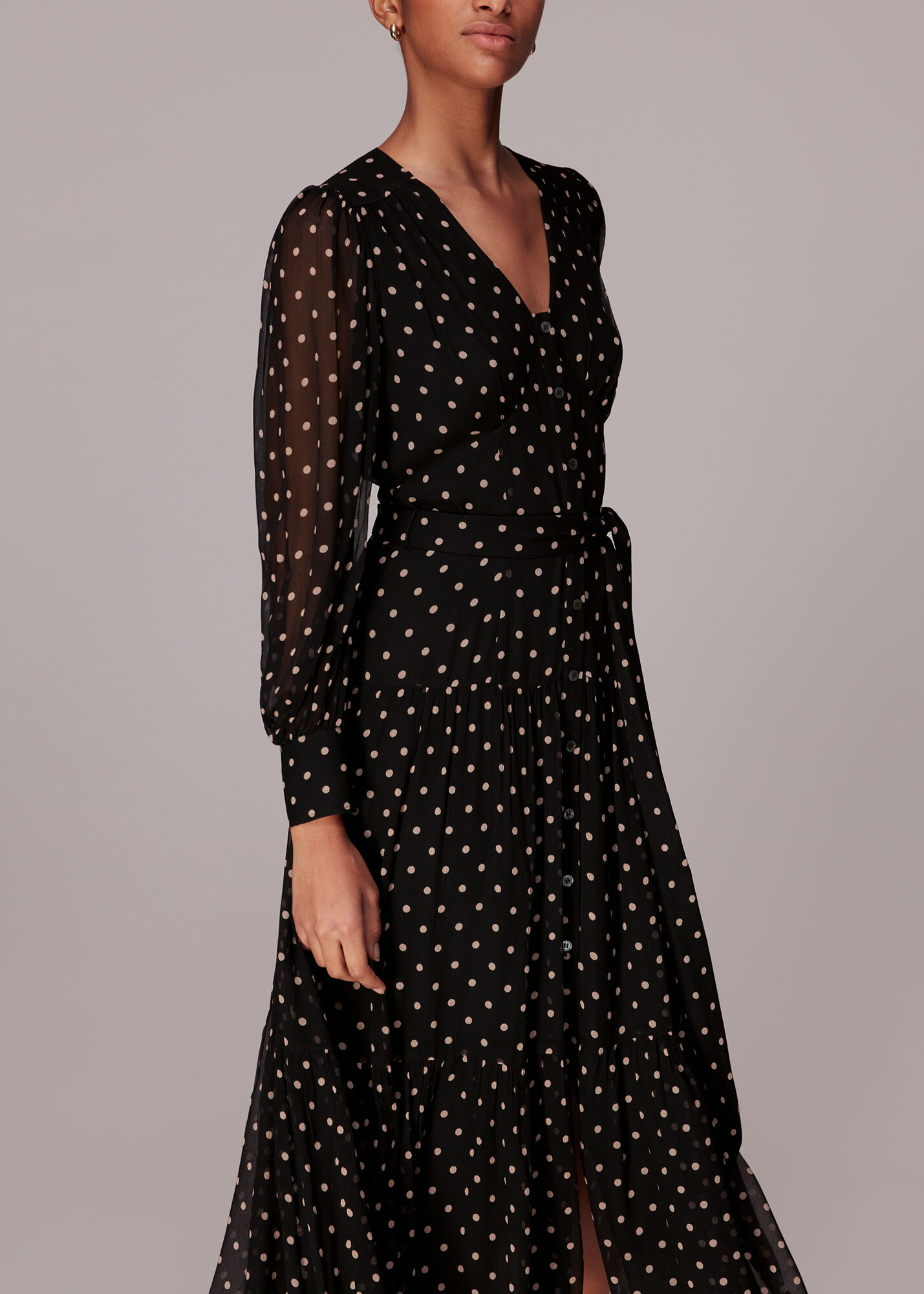 Black/Multi Spot Textured Midi Dress | WHISTLES | Whistles UK