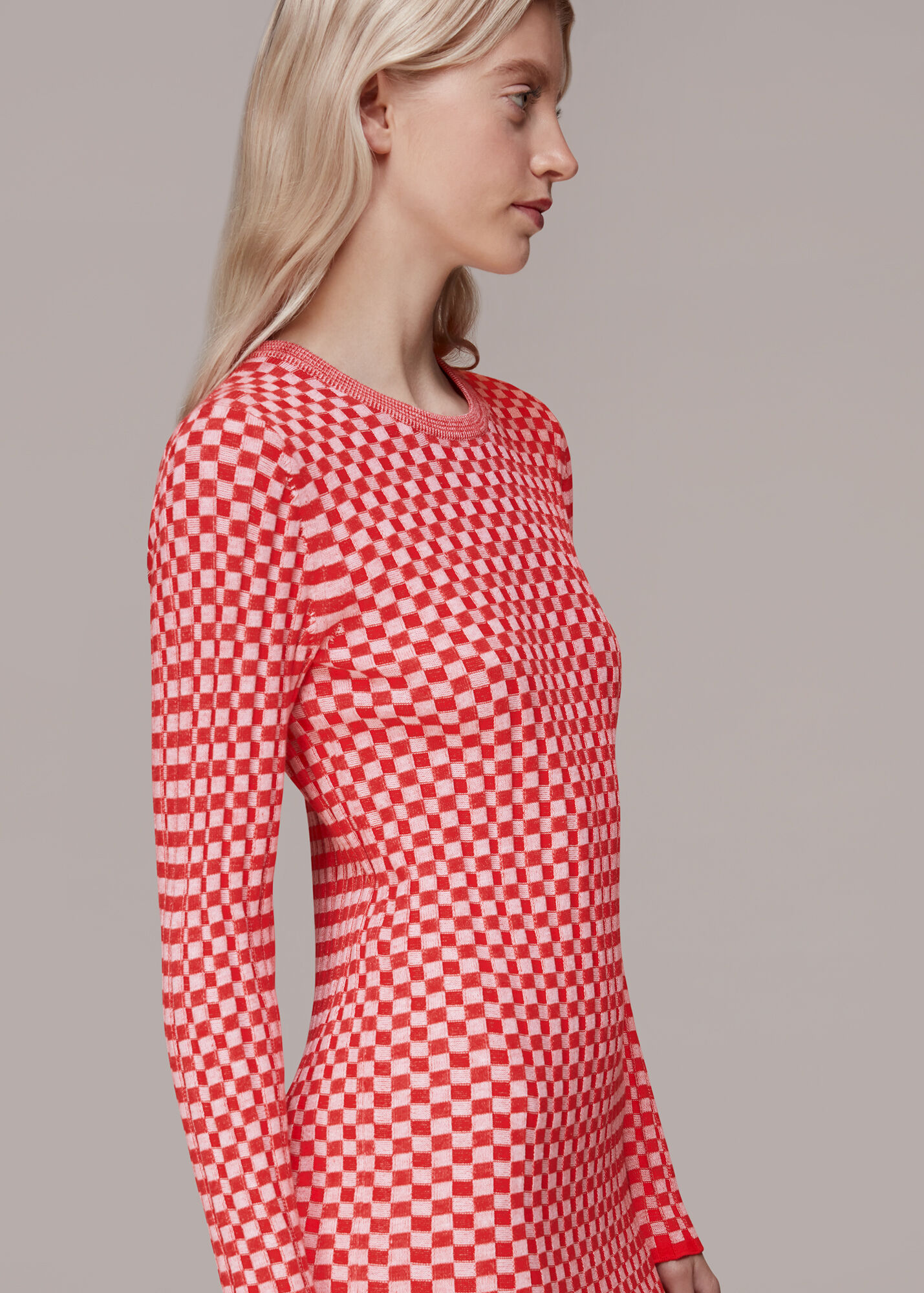 Red/Multi Checkerboard Knit Midi Dress | WHISTLES | Whistles UK