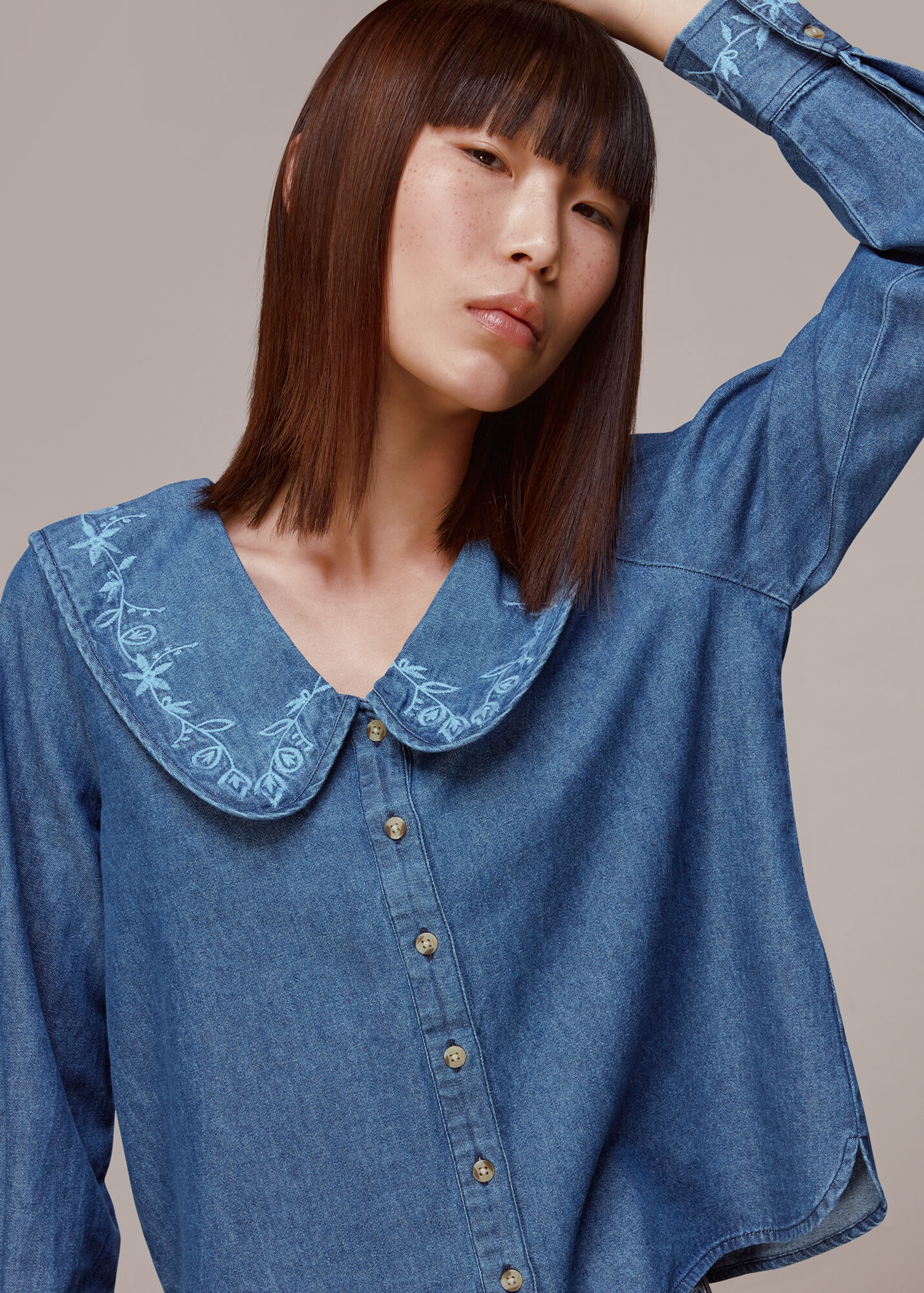Denim Embroidered Collar Denim Top | WHISTLES | Whistles UK