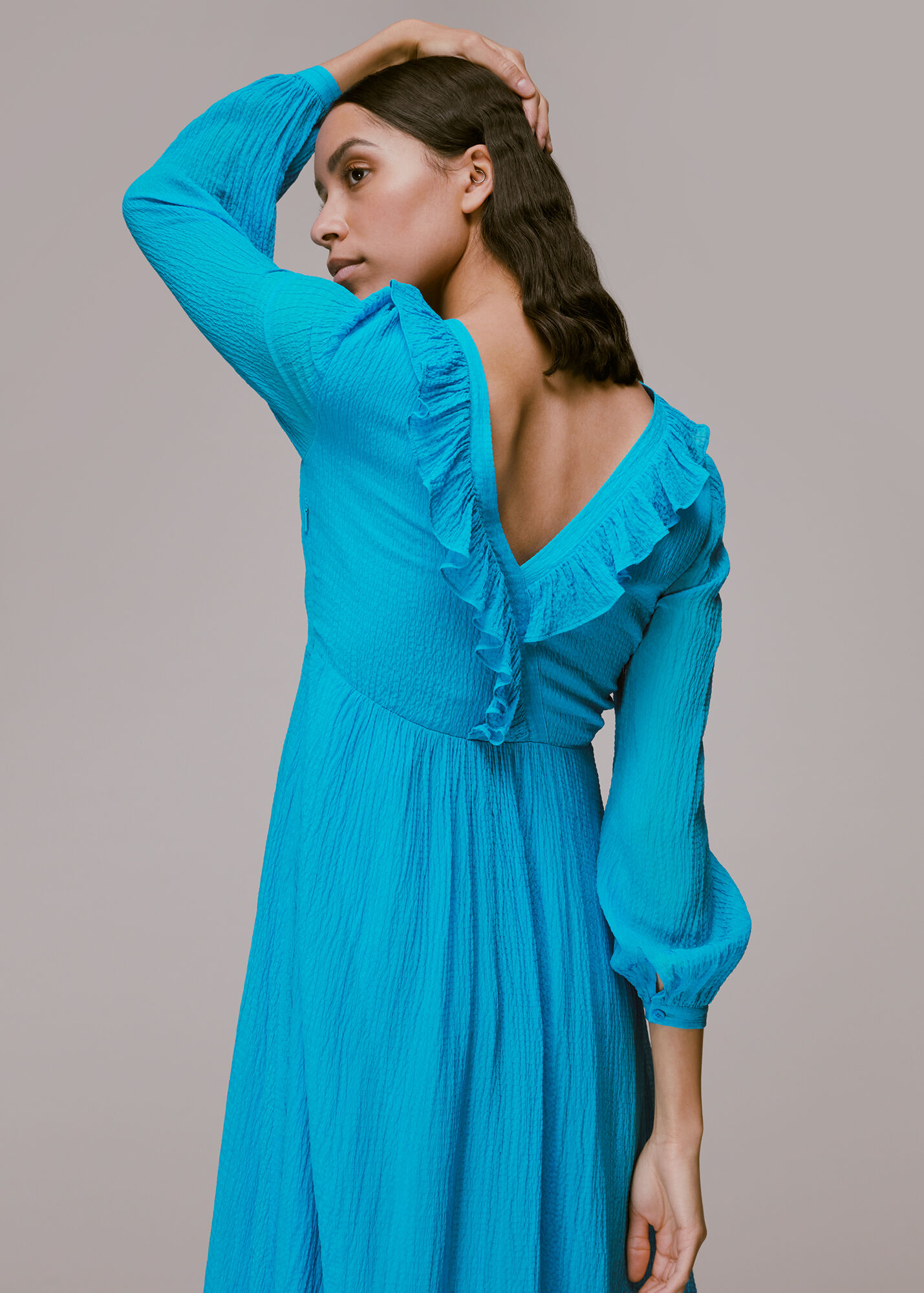 Blue Ruffle Detail Midi Dress | WHISTLES | Whistles UK