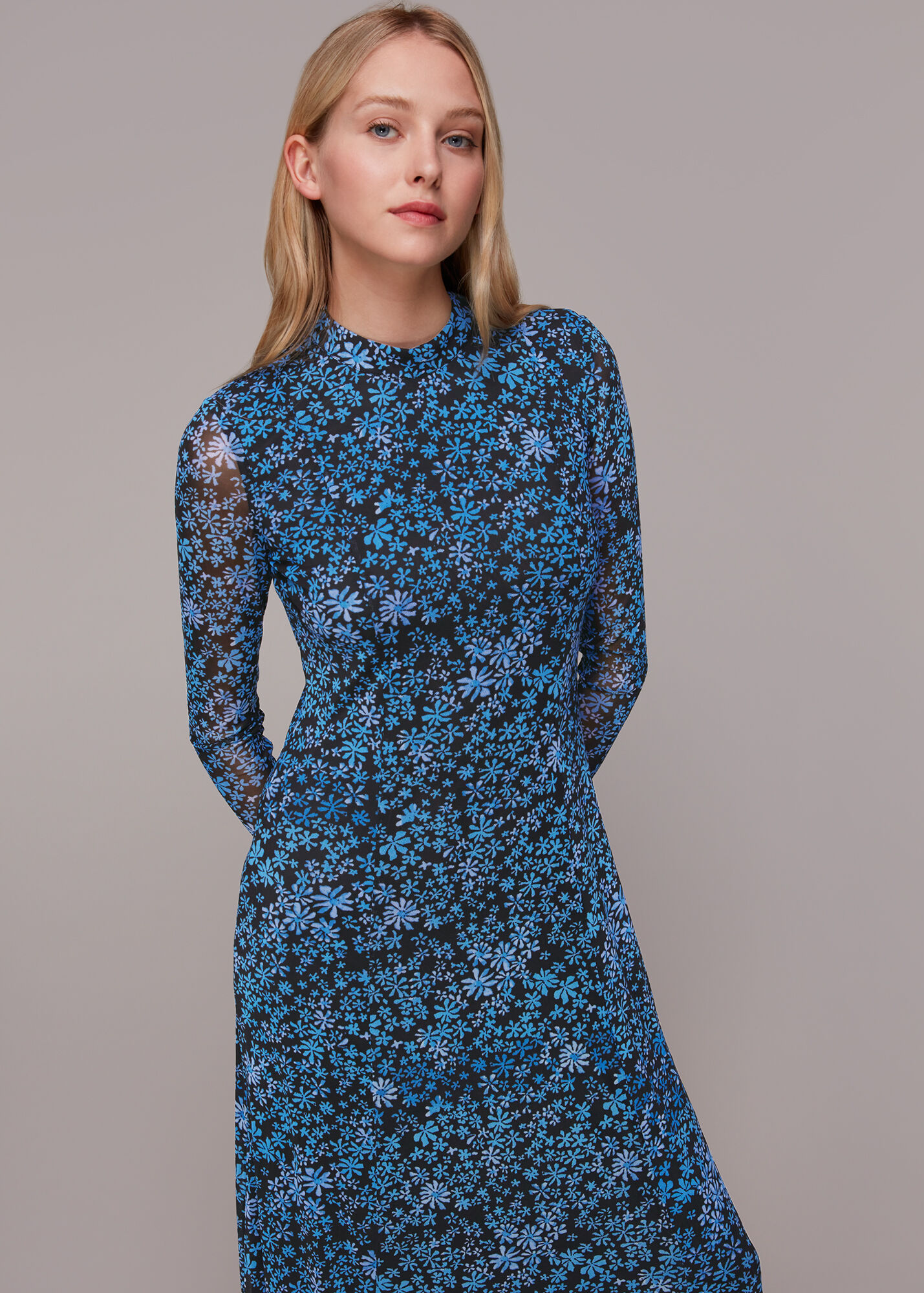 Blue/Multi Boho Floral Minimal Mesh Dress | WHISTLES | Whistles UK