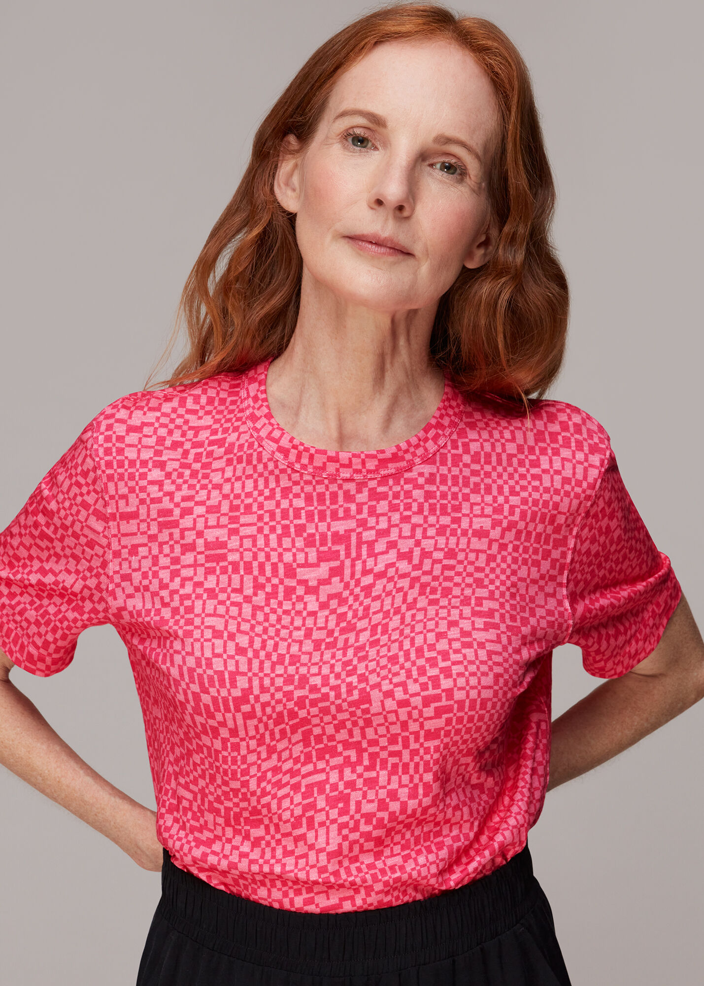 Pink/Multi Checkerboard Printed Emily Tee | WHISTLES
