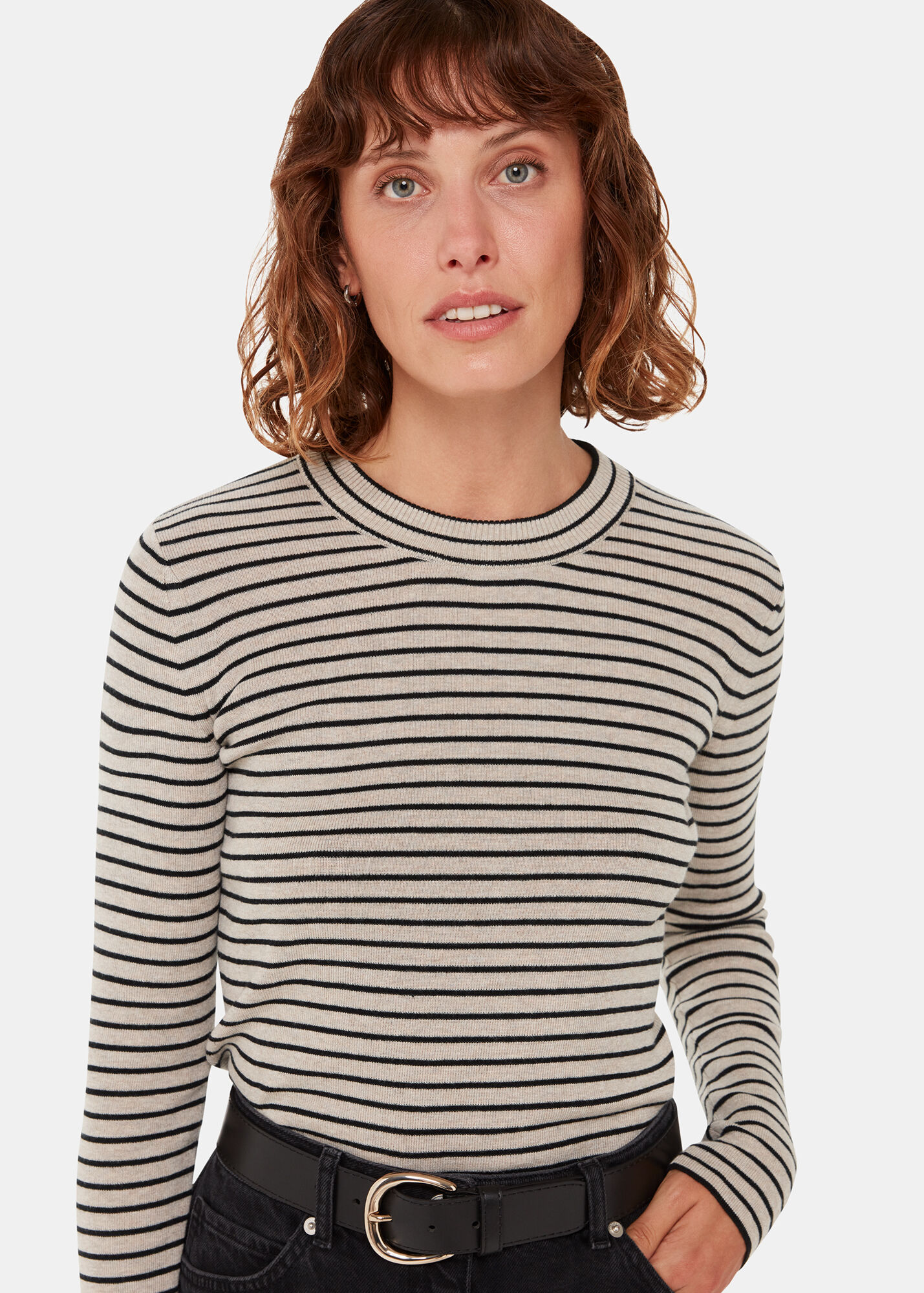 Black/Multi Fine Crew Stripe Knit | WHISTLES | Whistles UK