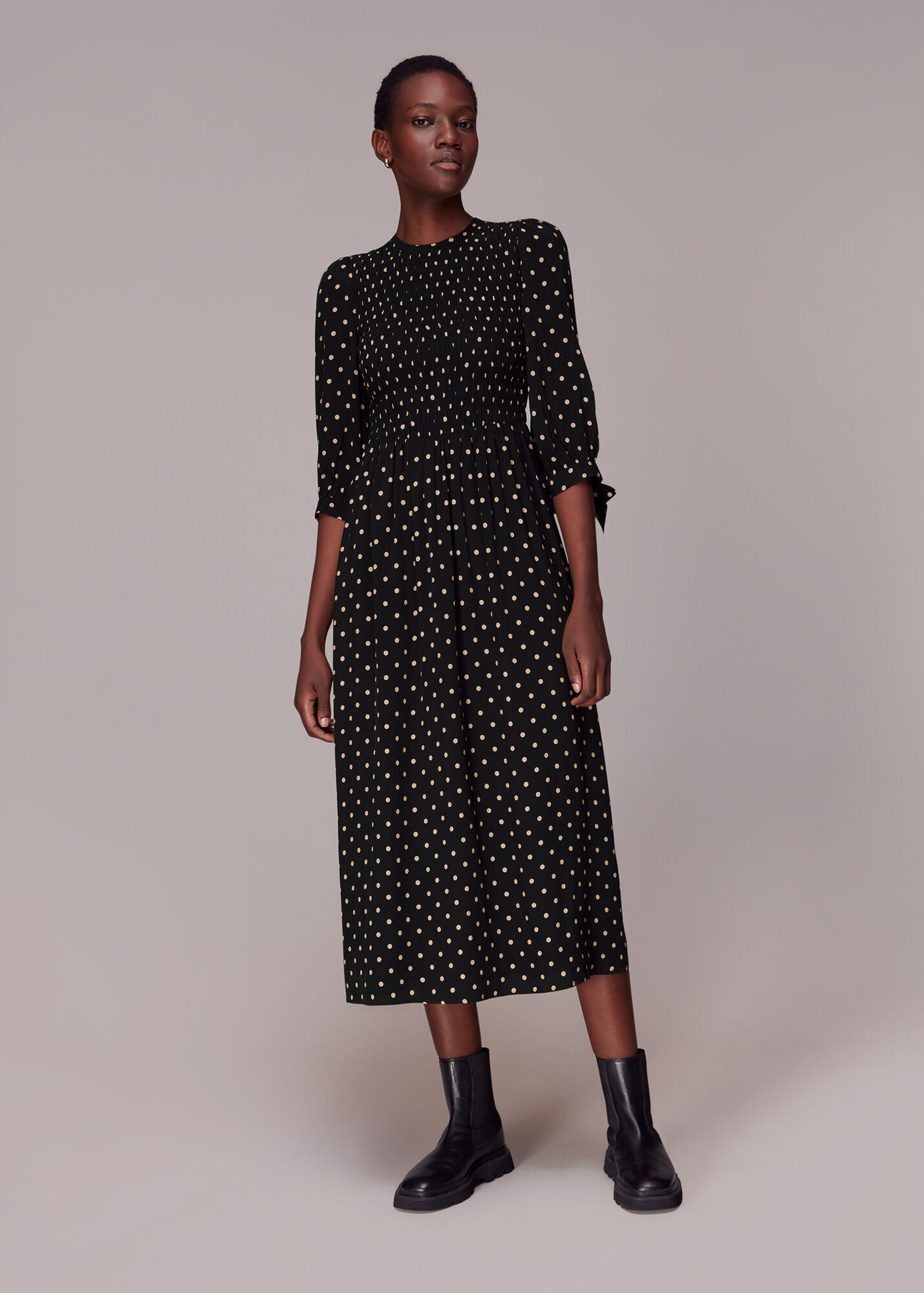 Black/Multi Shirred Spot Midi Dress | WHISTLES | Whistles UK