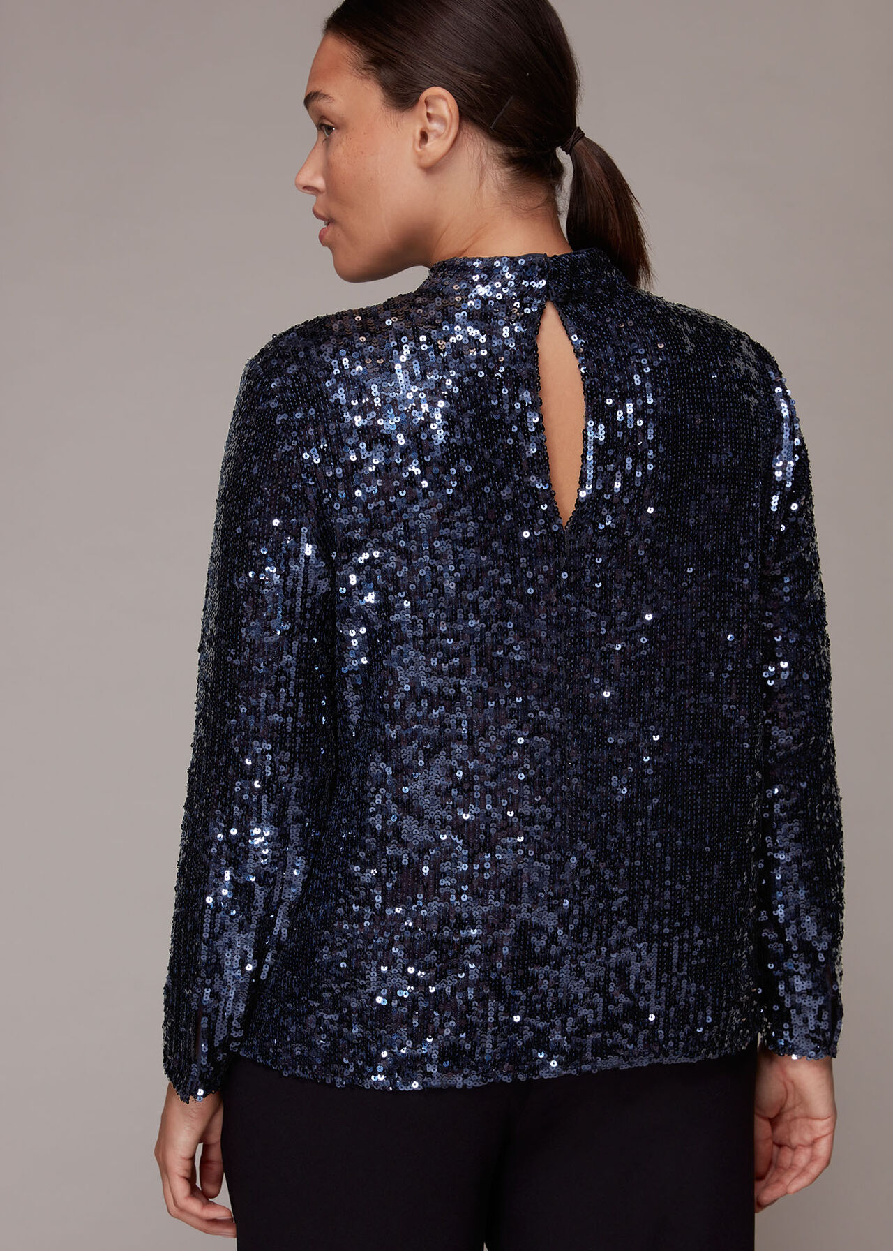 Navy High Neck Sequin Top | WHISTLES