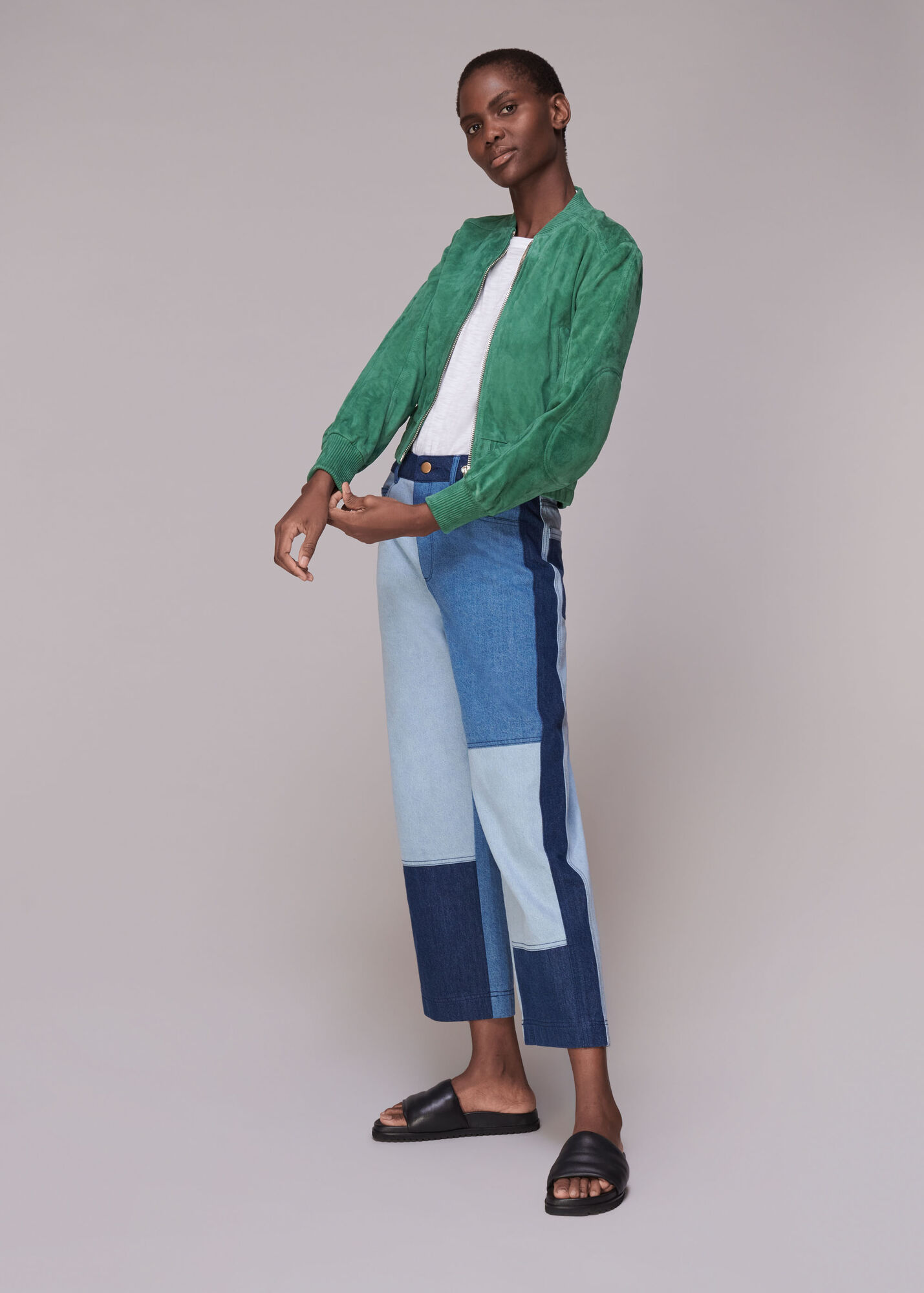 Green Cropped Suede Bomber Jacket | WHISTLES | Whistles UK