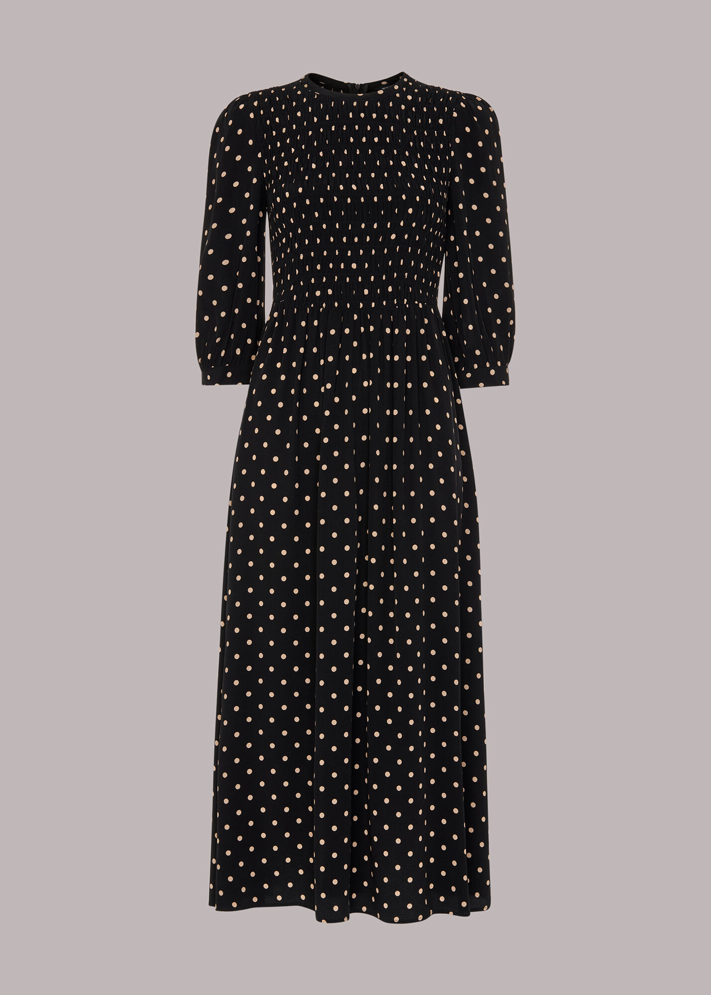Black/Multi Shirred Spot Midi Dress | WHISTLES | Whistles UK