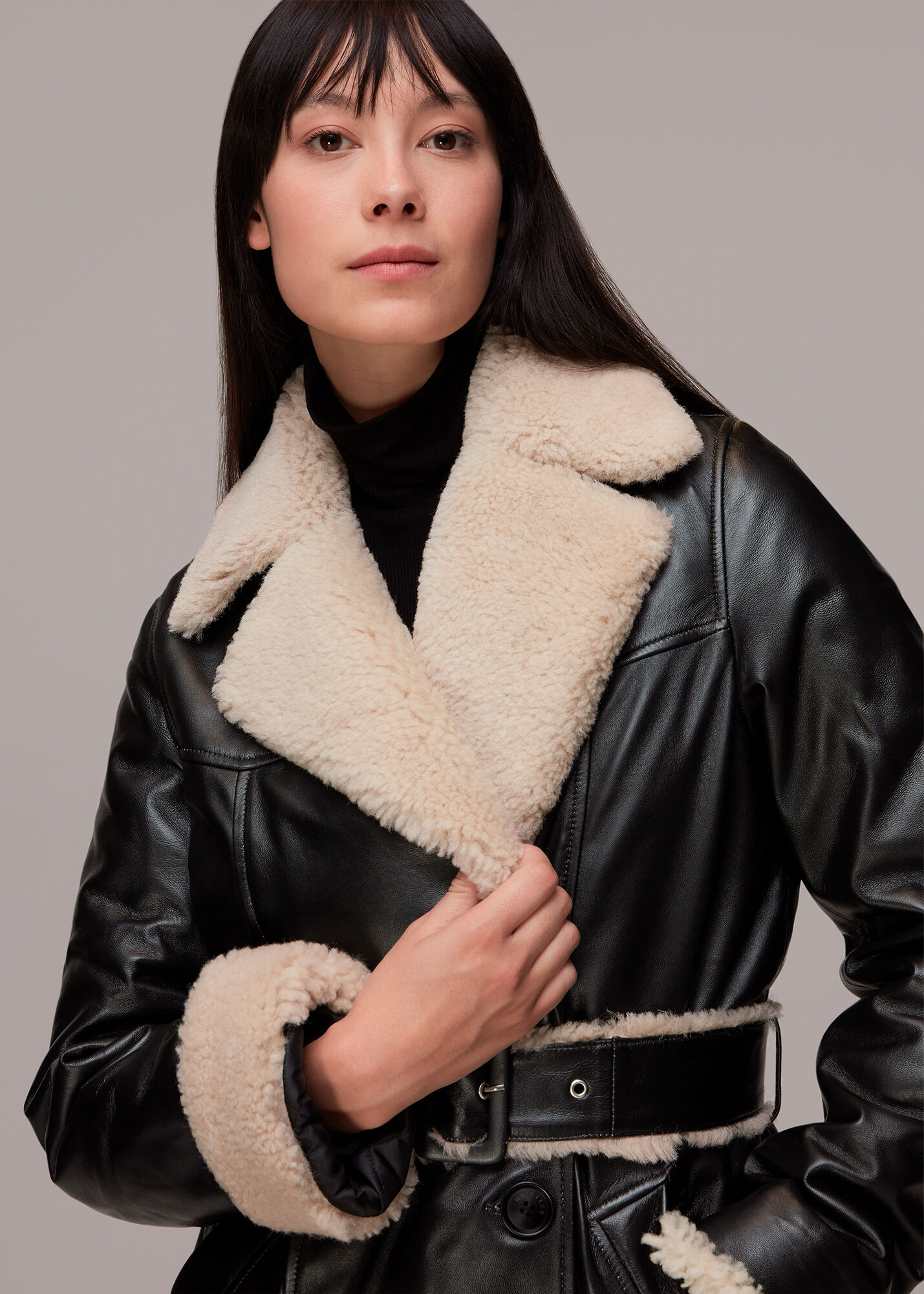 Black/Multi Maya Leather Belted Coat | WHISTLES