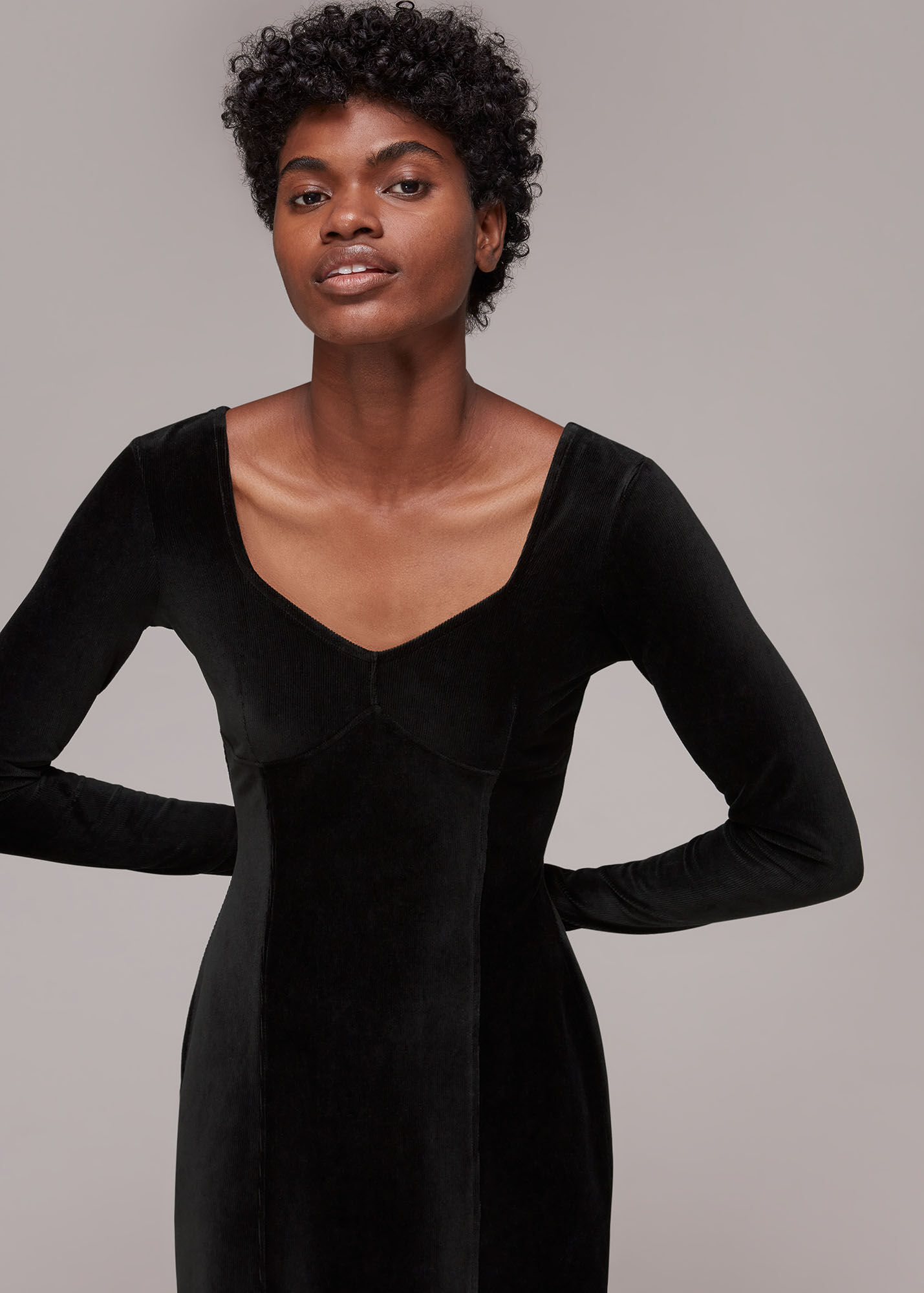 Black Cord Velvet Bust Detail Dress | WHISTLES | Whistles UK