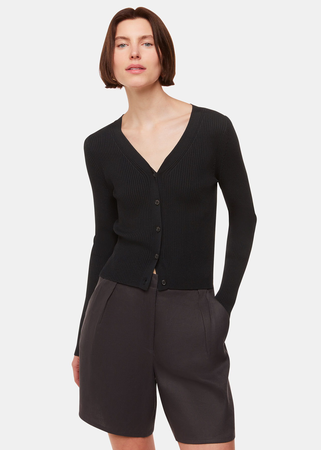 Black Ribbed V Neck Cardigan | WHISTLES