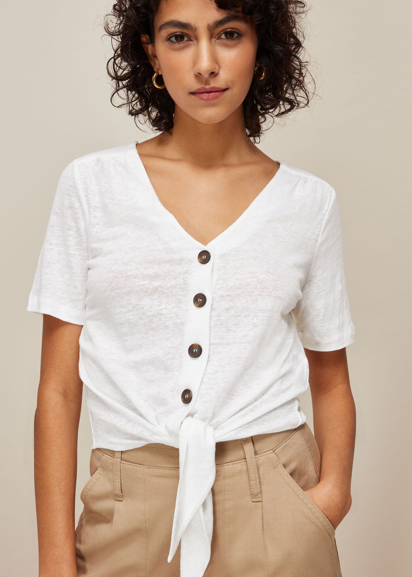 Linen Button Tie Front Top | WHISTLES | Whistles UK