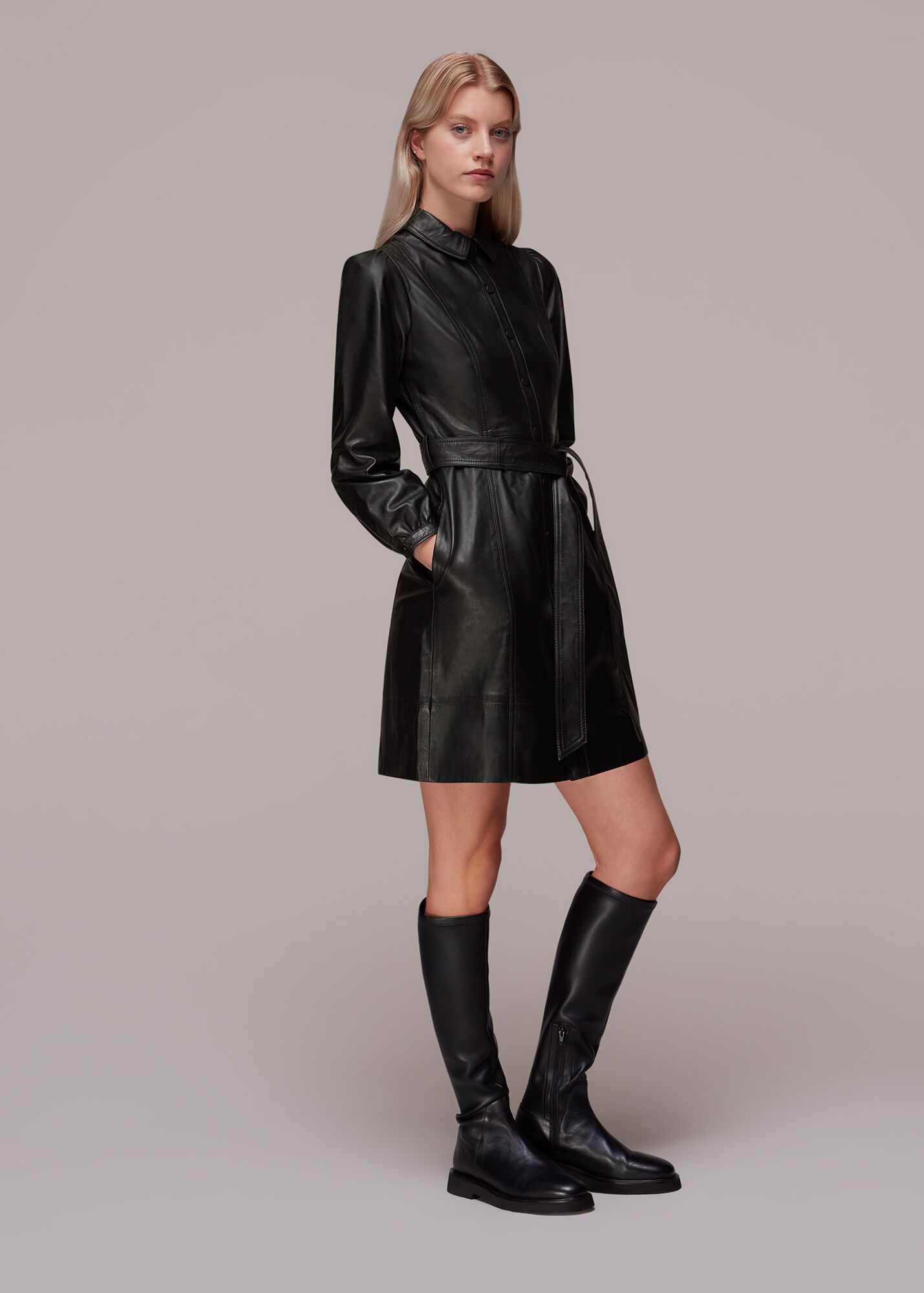 Black Phoebe Short Leather Dress | WHISTLES | Whistles UK