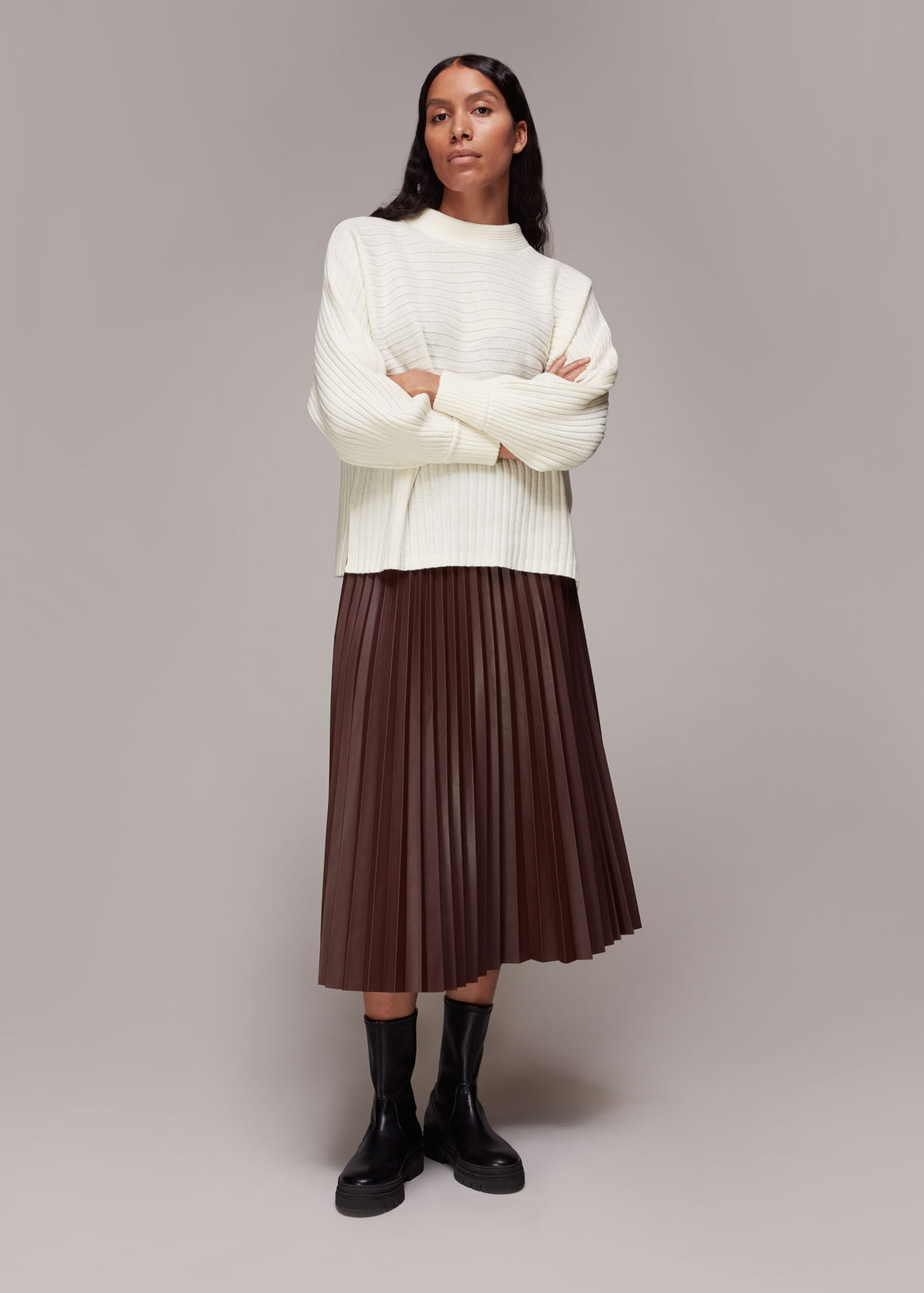 Ivory Contrasting Rib Funnel Neck | WHISTLES | Whistles UK