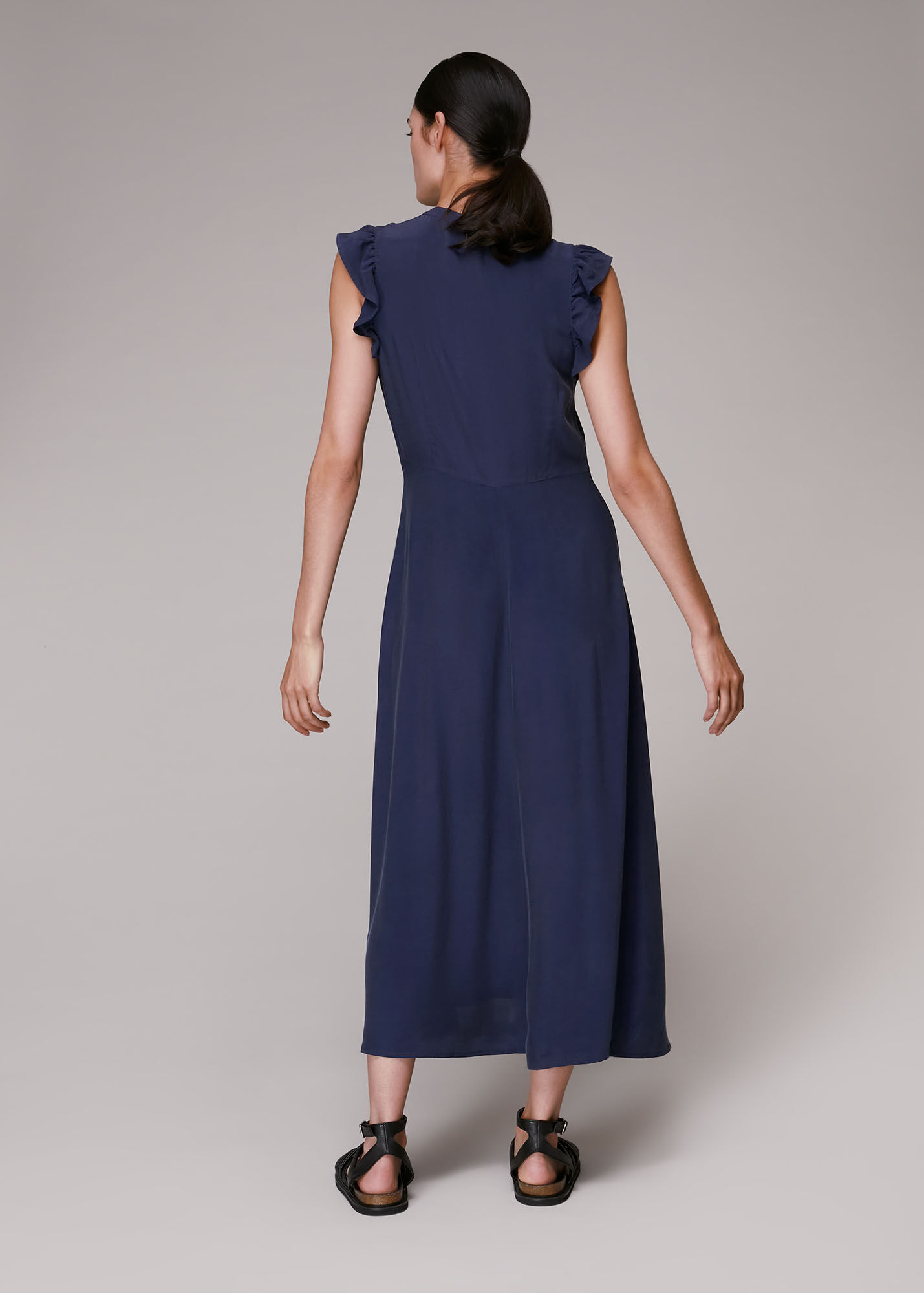 Navy Frill Sleeve Button Dress | WHISTLES | Whistles UK