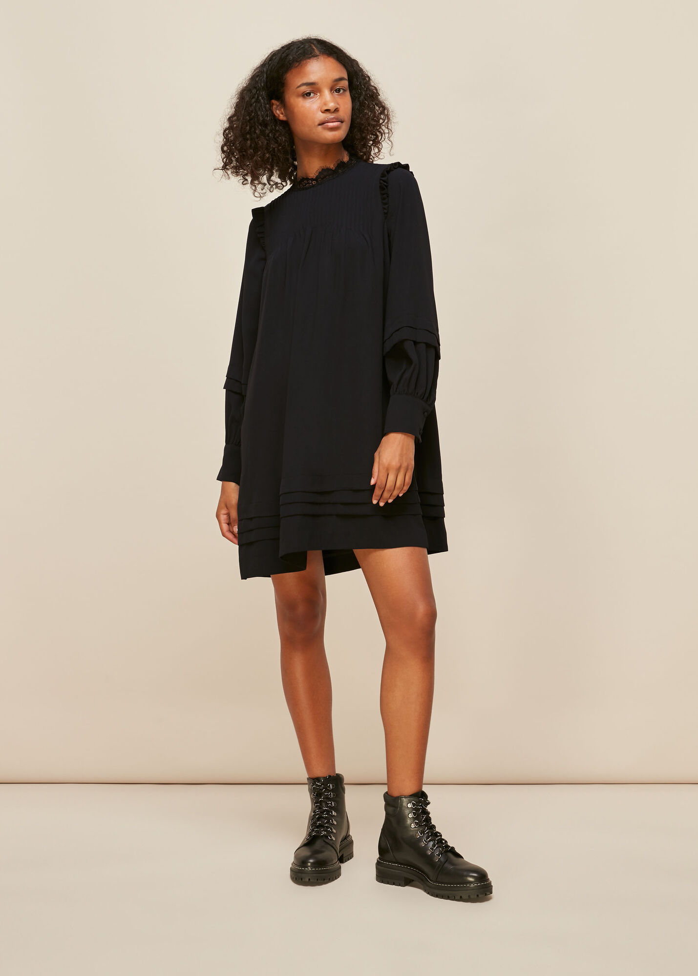 Black Lace Trim Pintuck Dress | WHISTLES | Whistles UK