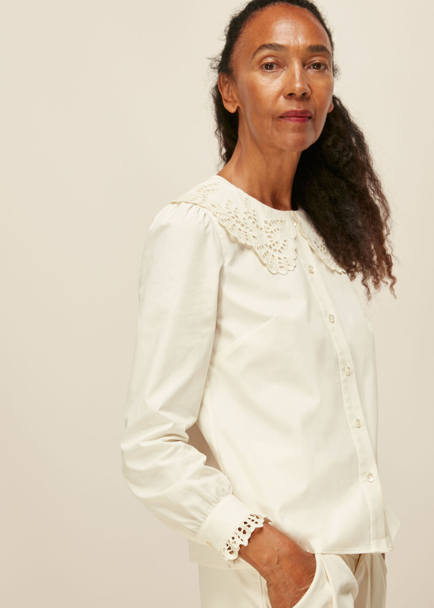 Ivory Lace Collared Cotton Blouse | WHISTLES | Whistles UK