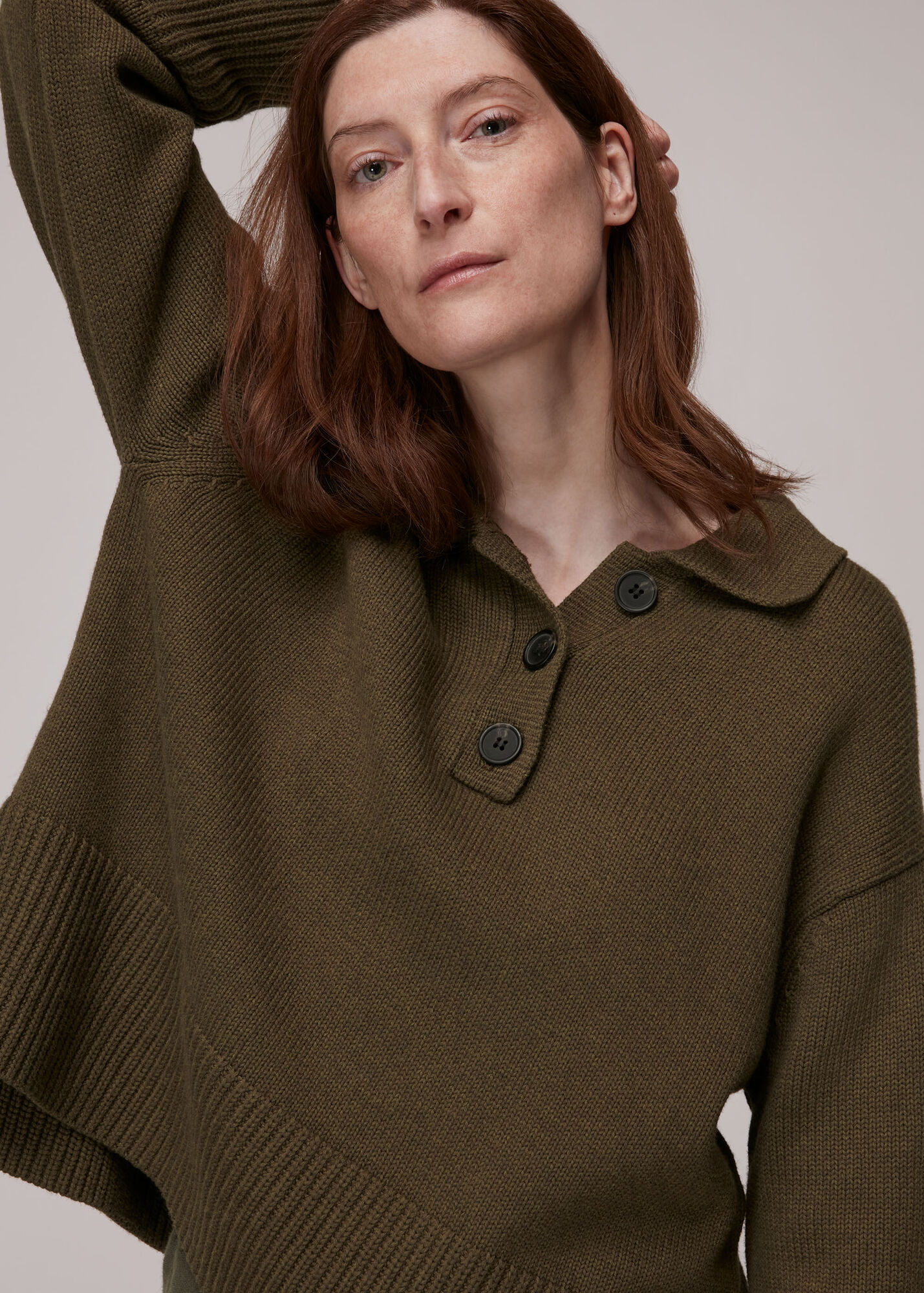 Khaki Button Front Polo Knit | WHISTLES | Whistles UK