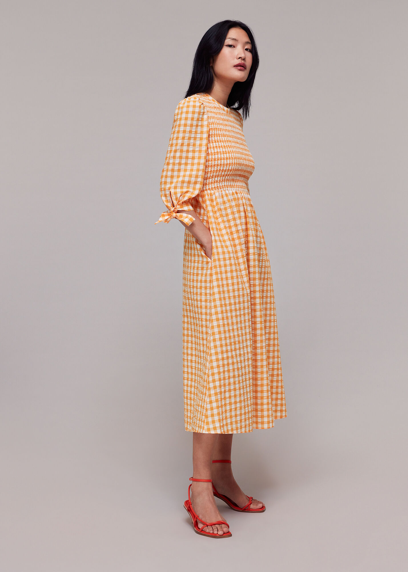 Orange/Multi Gingham Check Shirred Dress | WHISTLES | Whistles UK