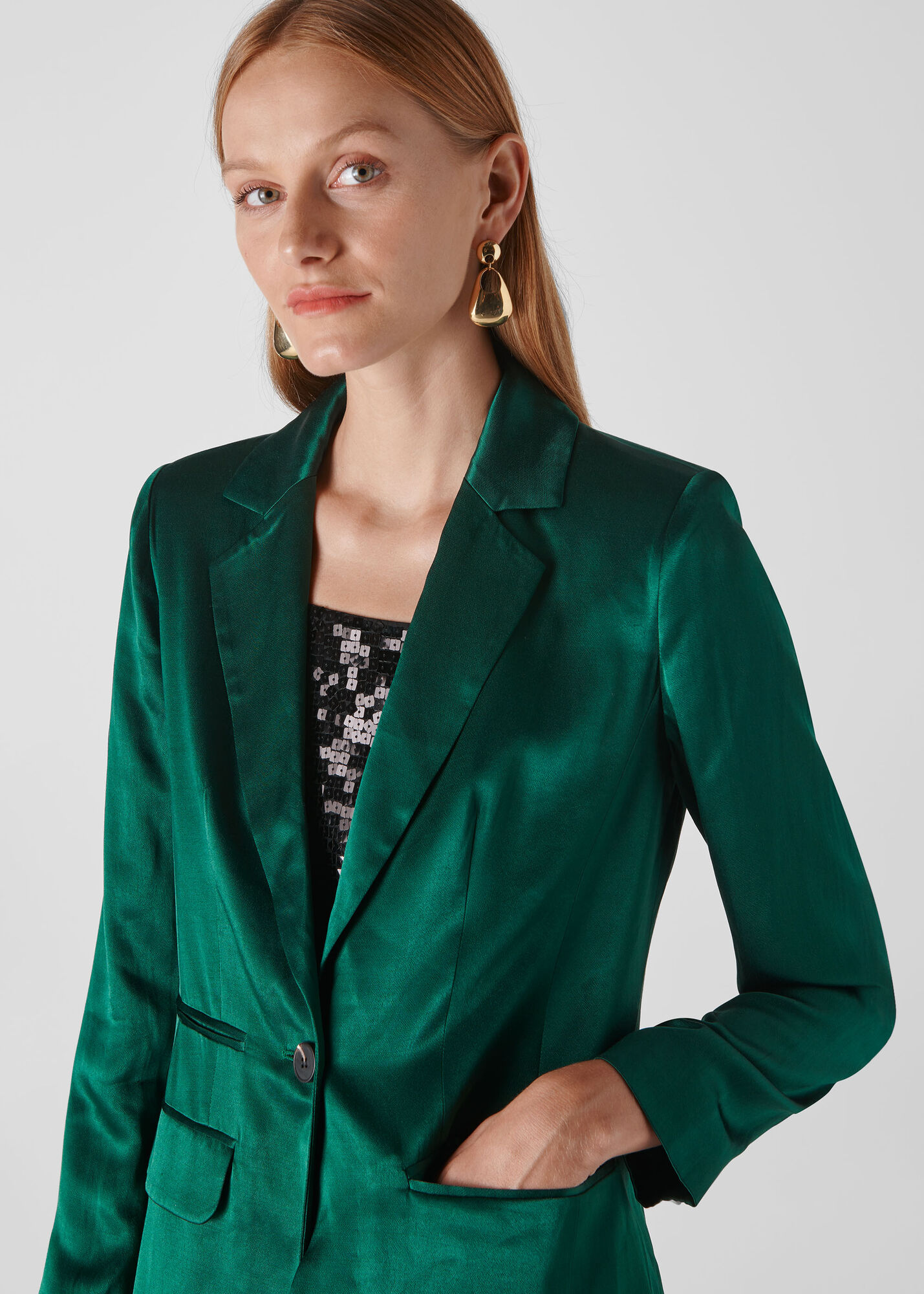 Dark Green Satin Single Breasted Blazer | WHISTLES | Whistles UK