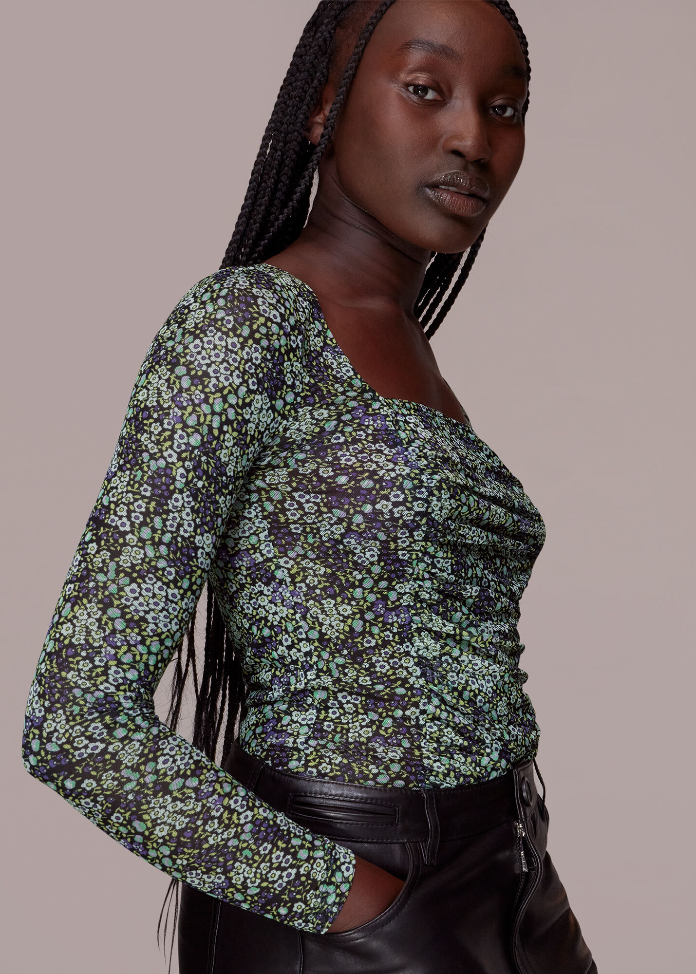 Green/Multi Mesh Square Neck Gathered Top | WHISTLES | Whistles UK