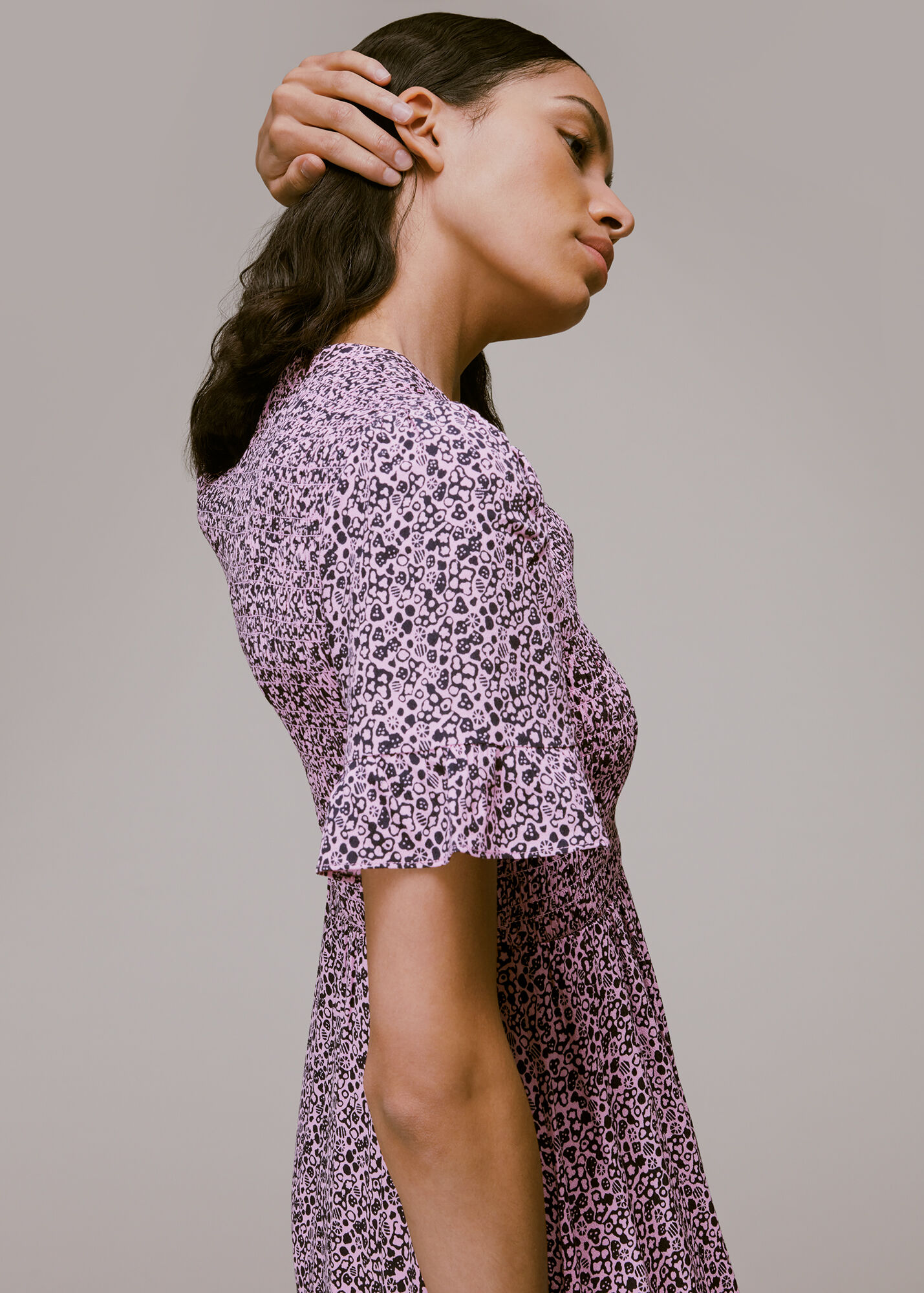 Pink/Multi Aria Flower Stamp Midi Dress | WHISTLES | Whistles UK