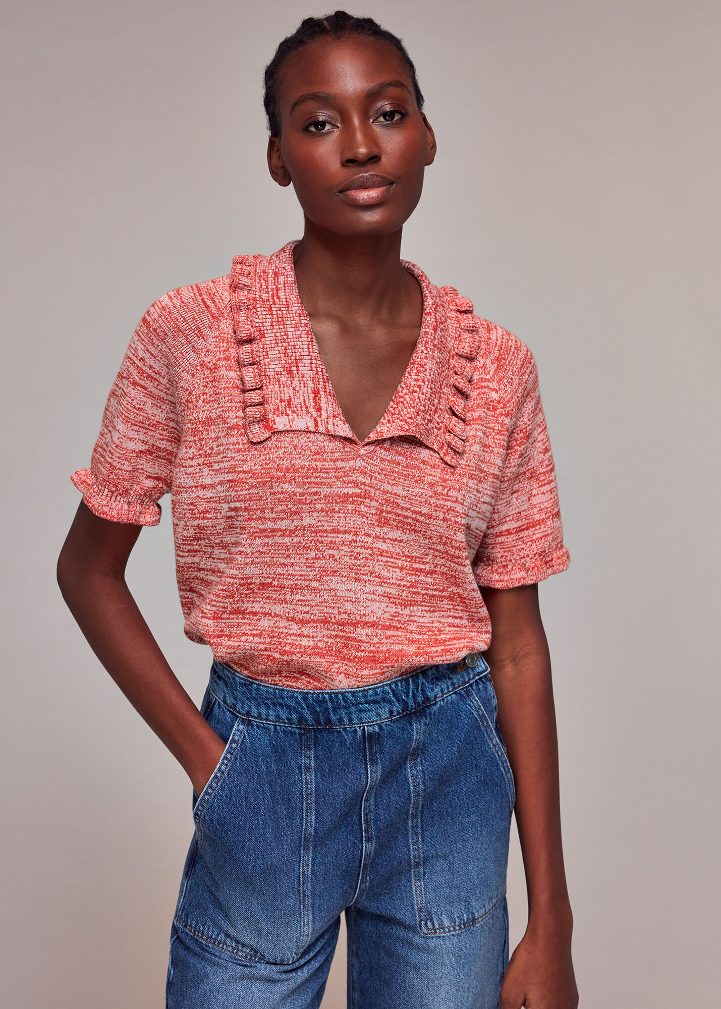 Pink/Multi Frill Collar Short Sleeve Knit | WHISTLES | Whistles ROW