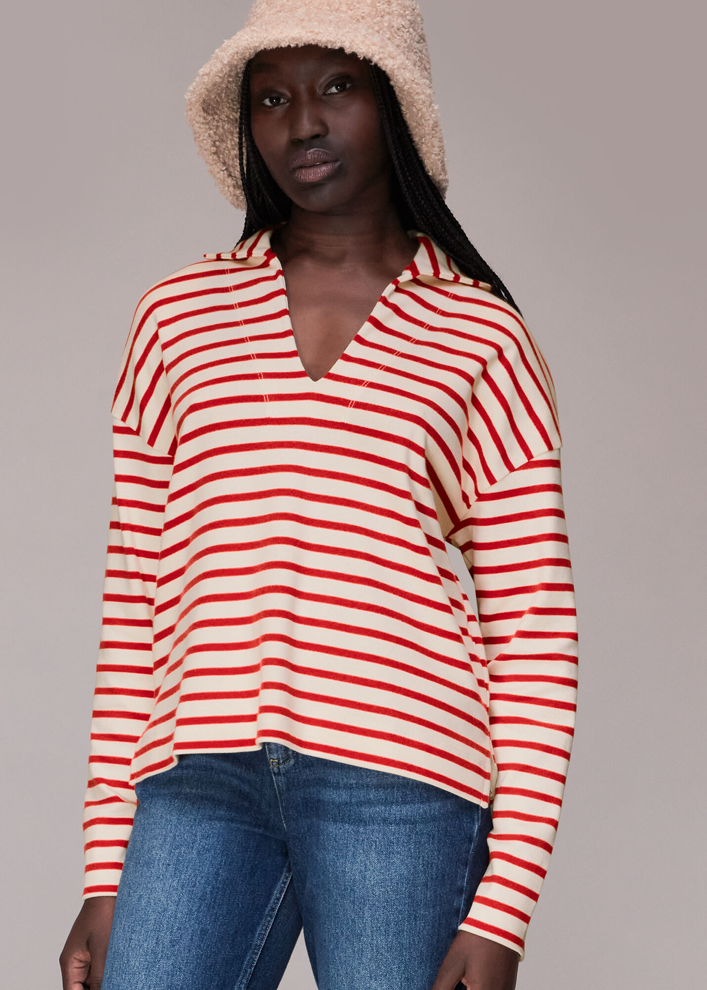 Red/Multi Breton Jersey Shirt | WHISTLES | Whistles UK