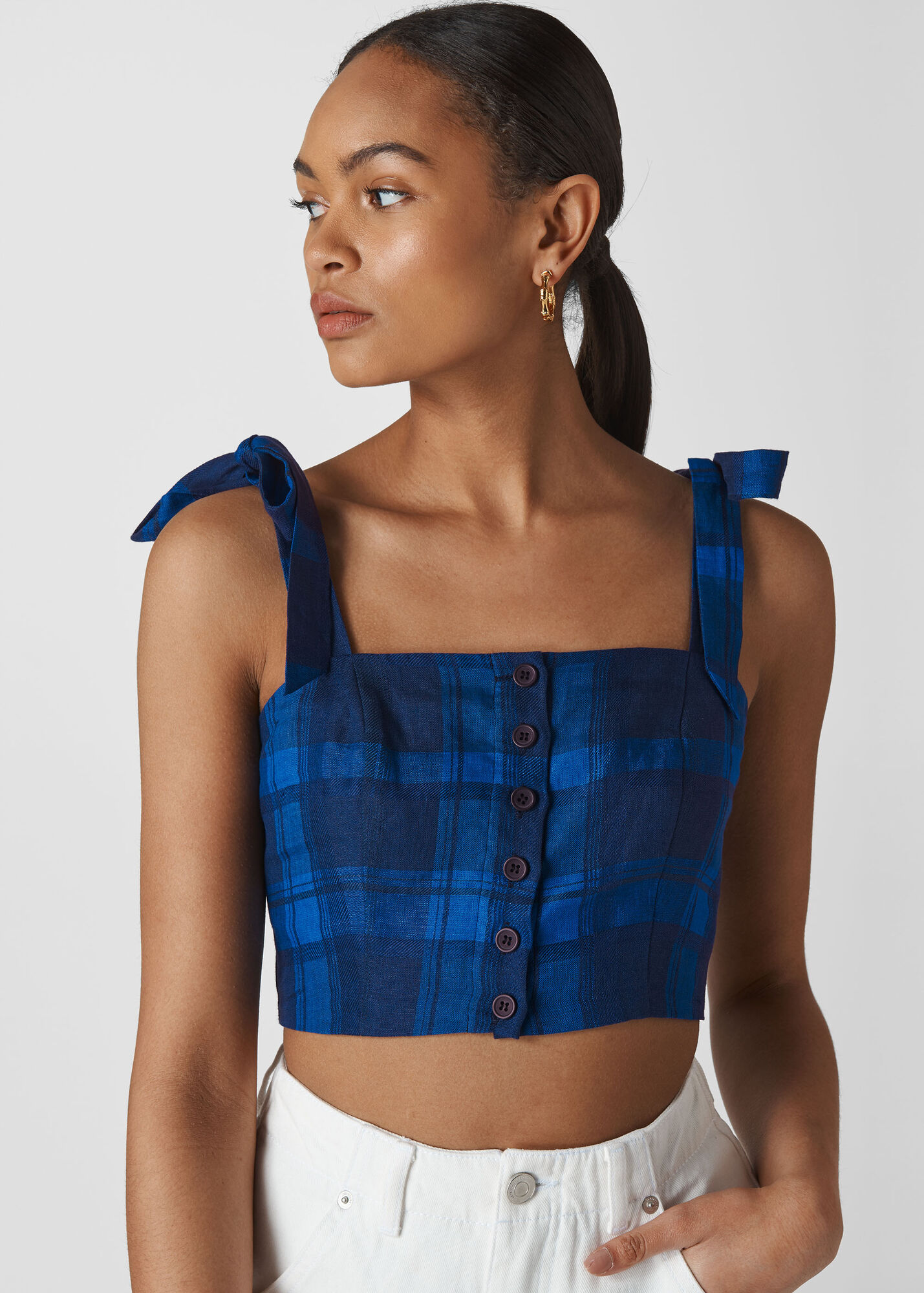 Blue/Multi Check Tie Linen Bralette | WHISTLES | Whistles ROW