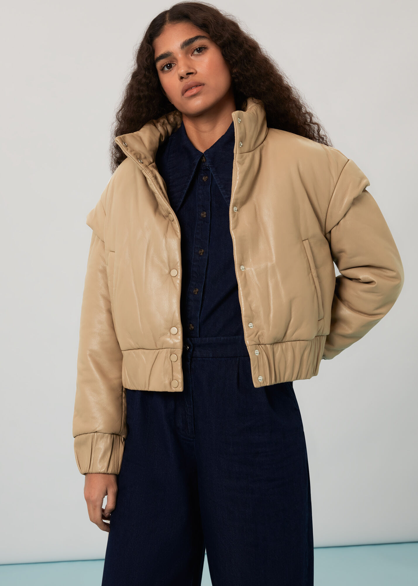 Beige Finn Leather Puffer Jacket | WHISTLES | Whistles UK