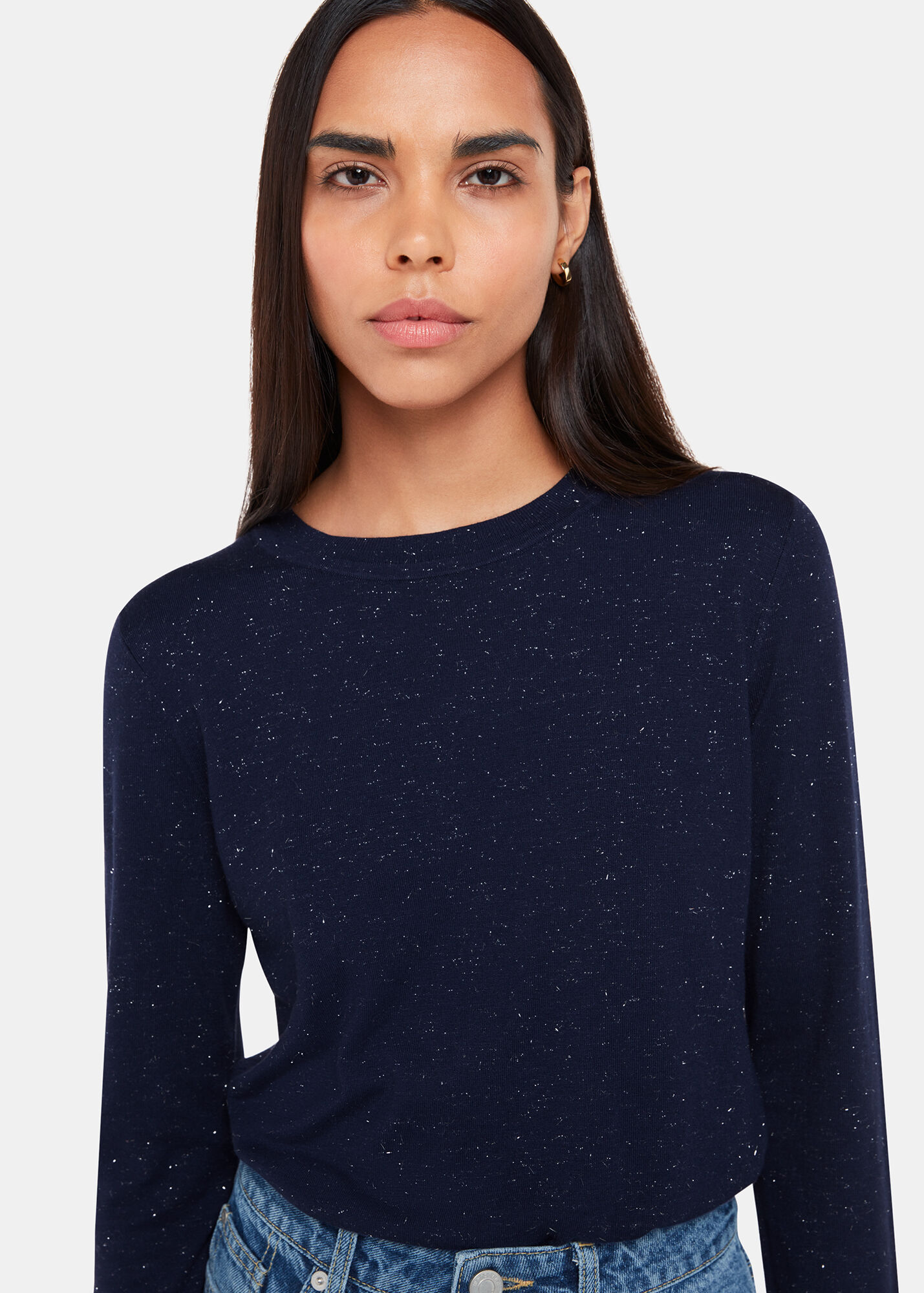 Navy Long-Sleeve Top With Sparkles & Crew Neck | Whistles | Whistles ROW