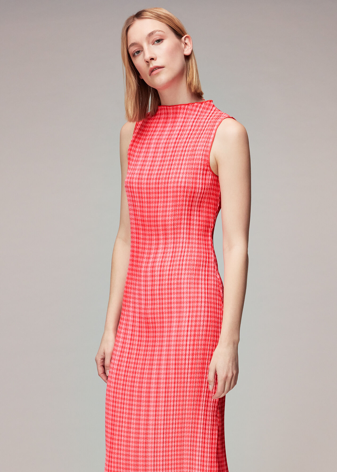 Pink/Multi Houndstooth Plisse Midi Dress | WHISTLES | Whistles UK