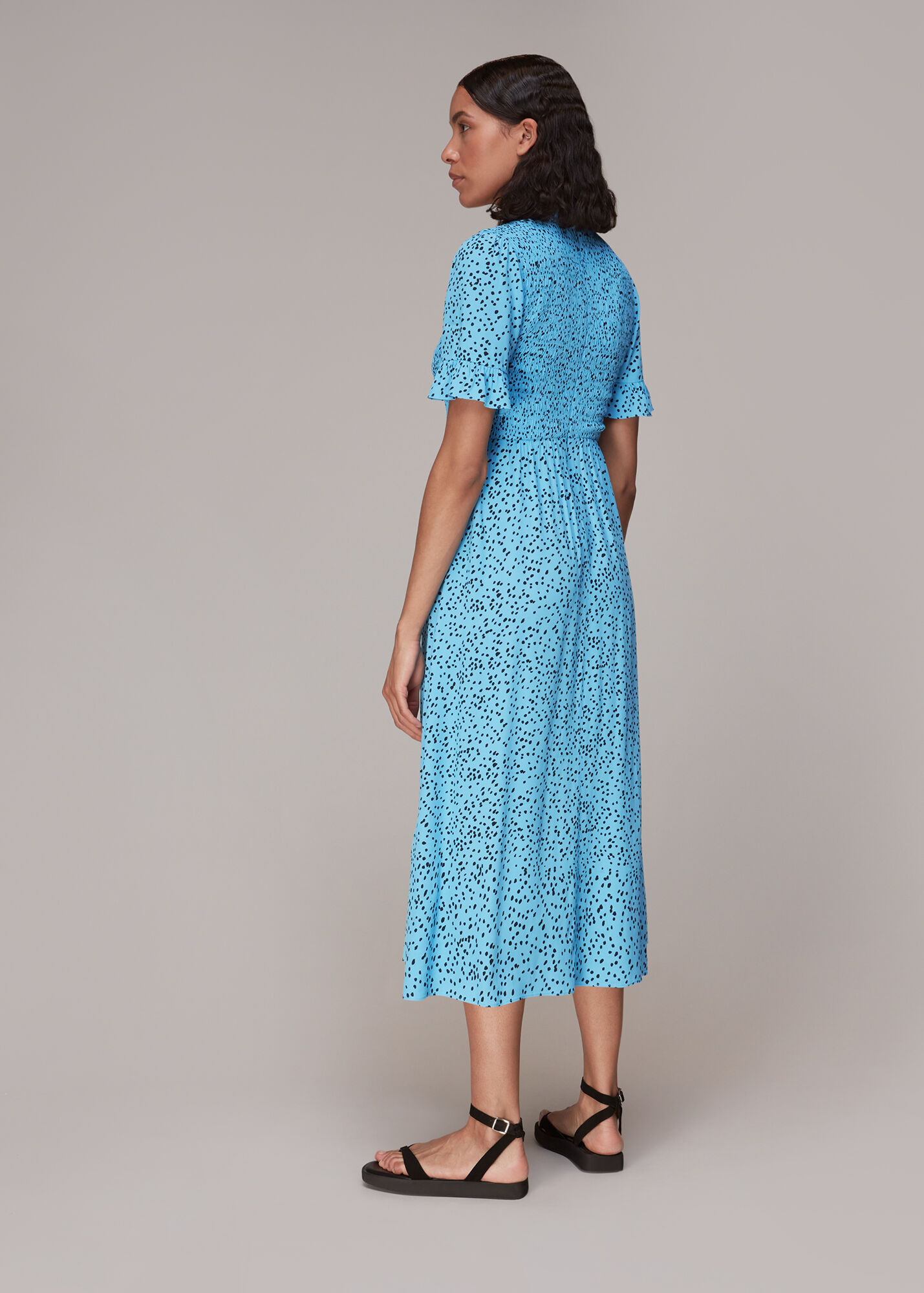 Spotted Dot Shirred Midi Dress