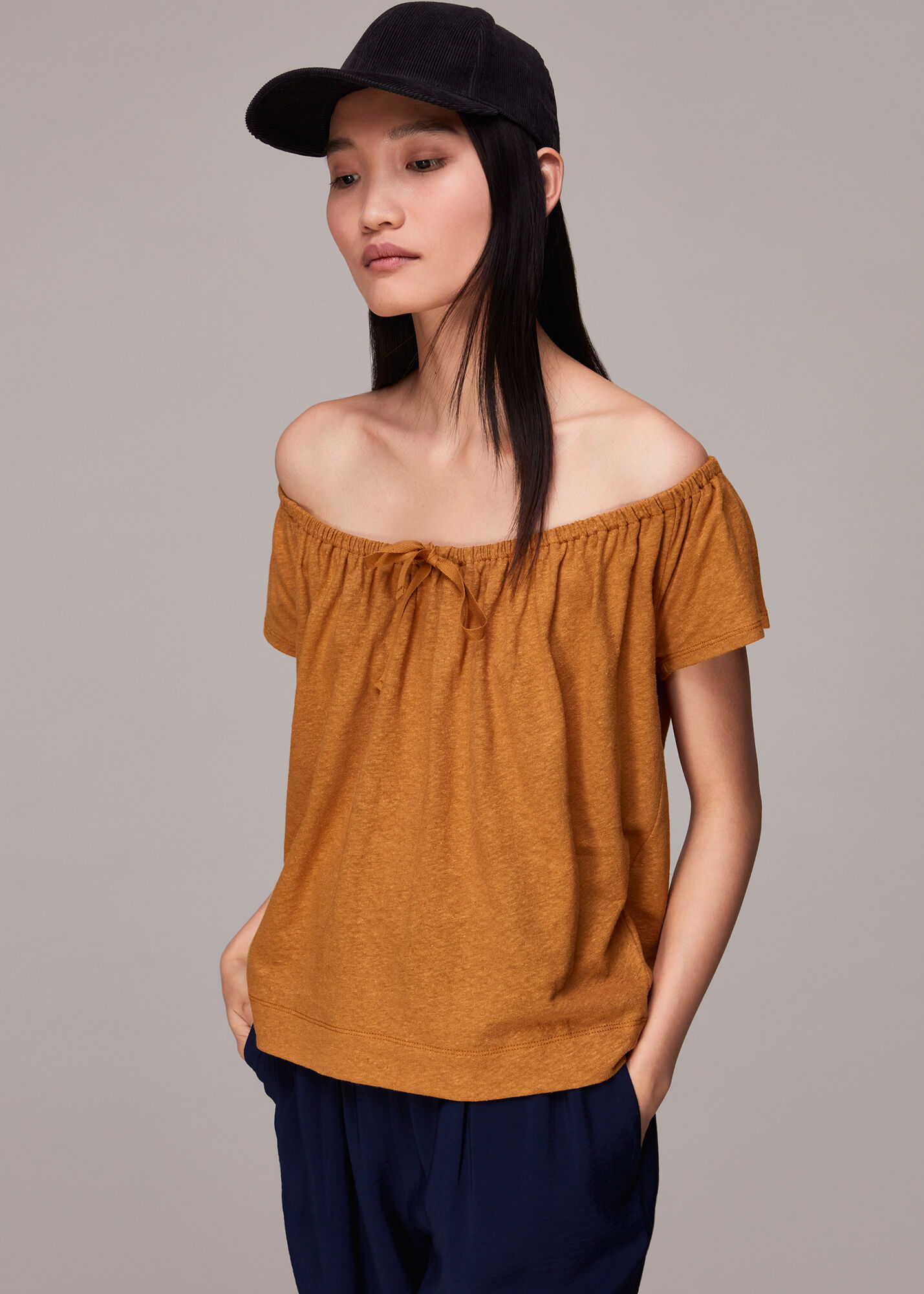Rust Drawstring Linen Bardot Top | WHISTLES | Whistles UK