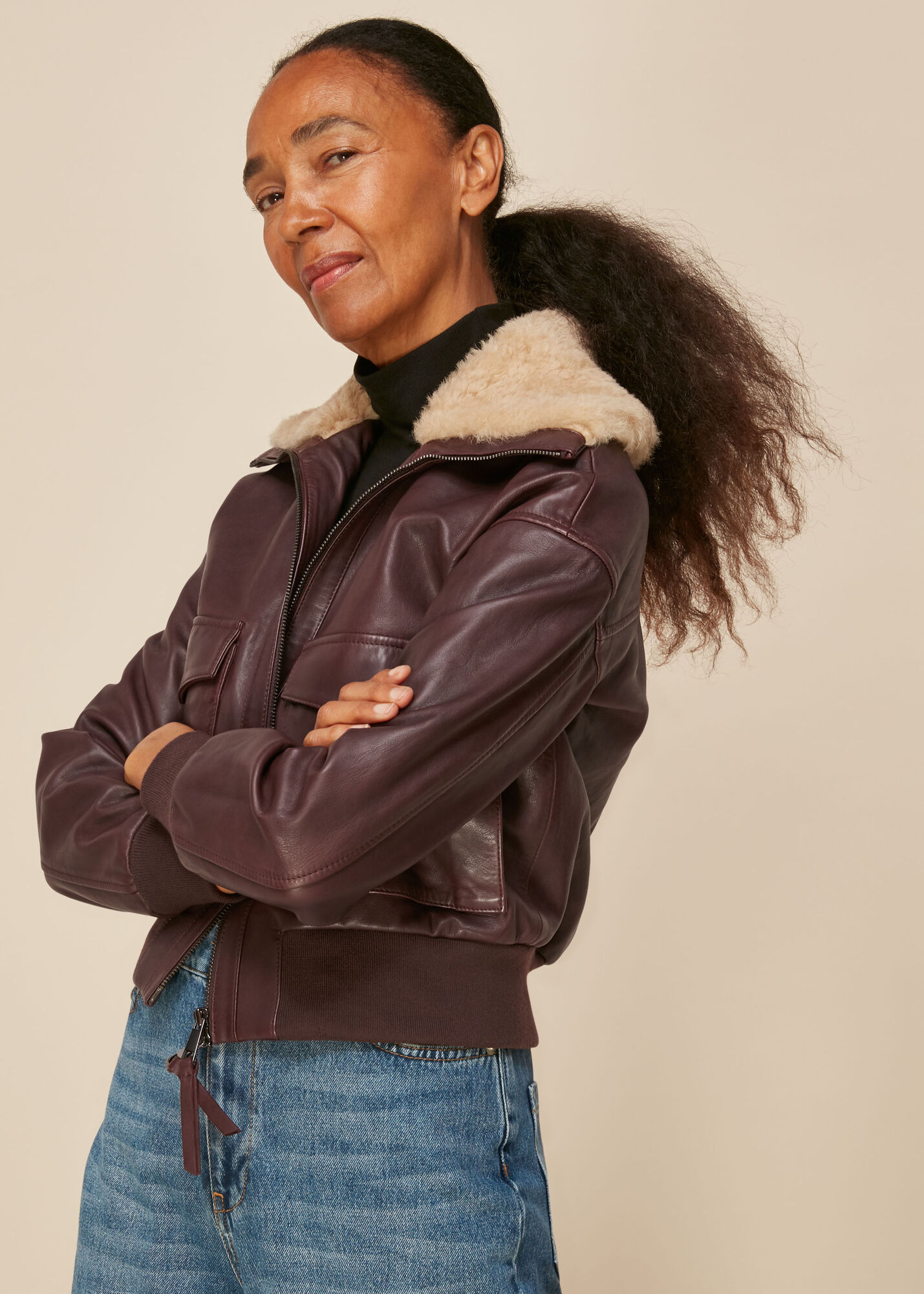 Burgundy Shearling Collar Bomber Jacket | WHISTLES | Whistles UK